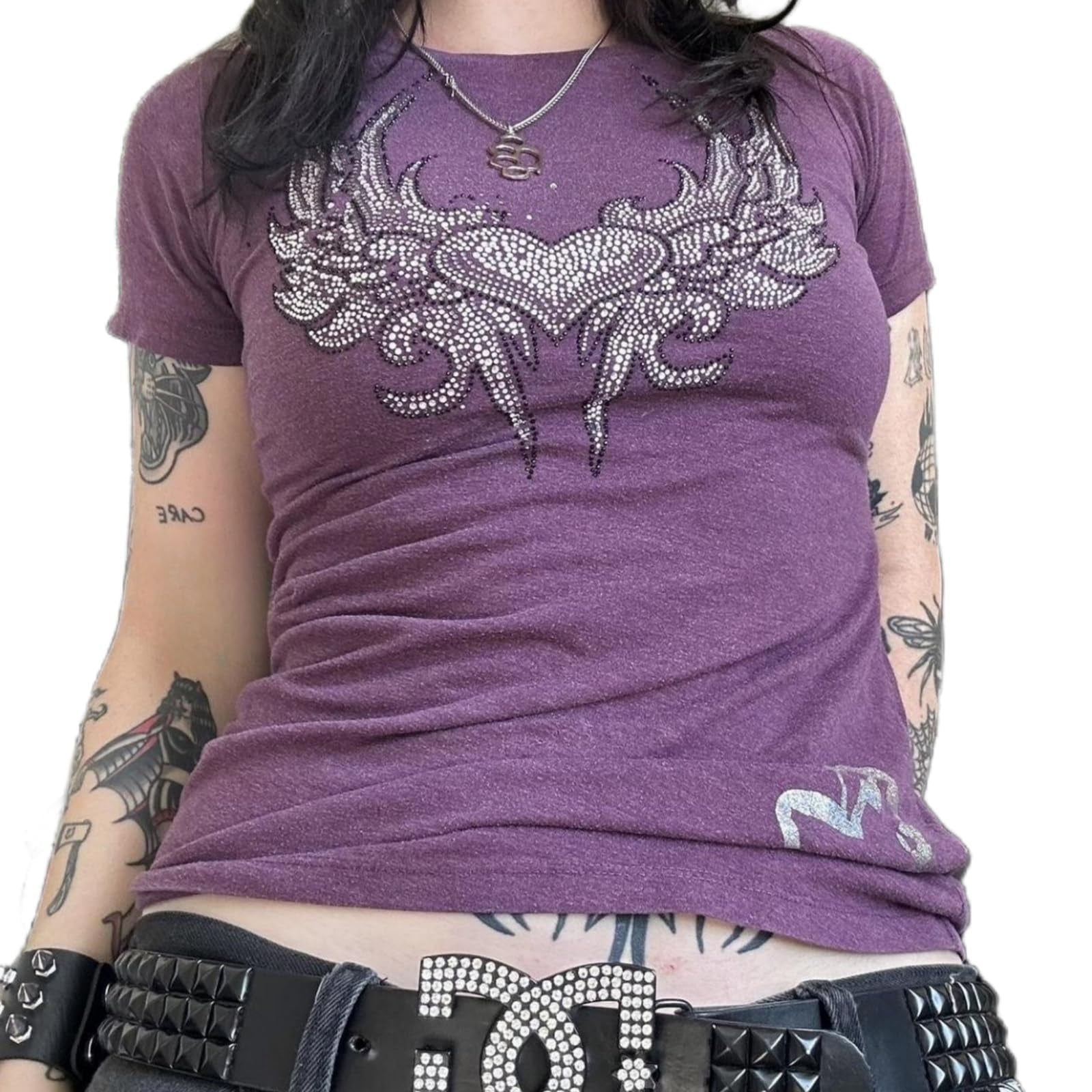 Women Y2K Fairy Grunge Short Sleeve Shirt Top Vintage Rhinestone Wing ...