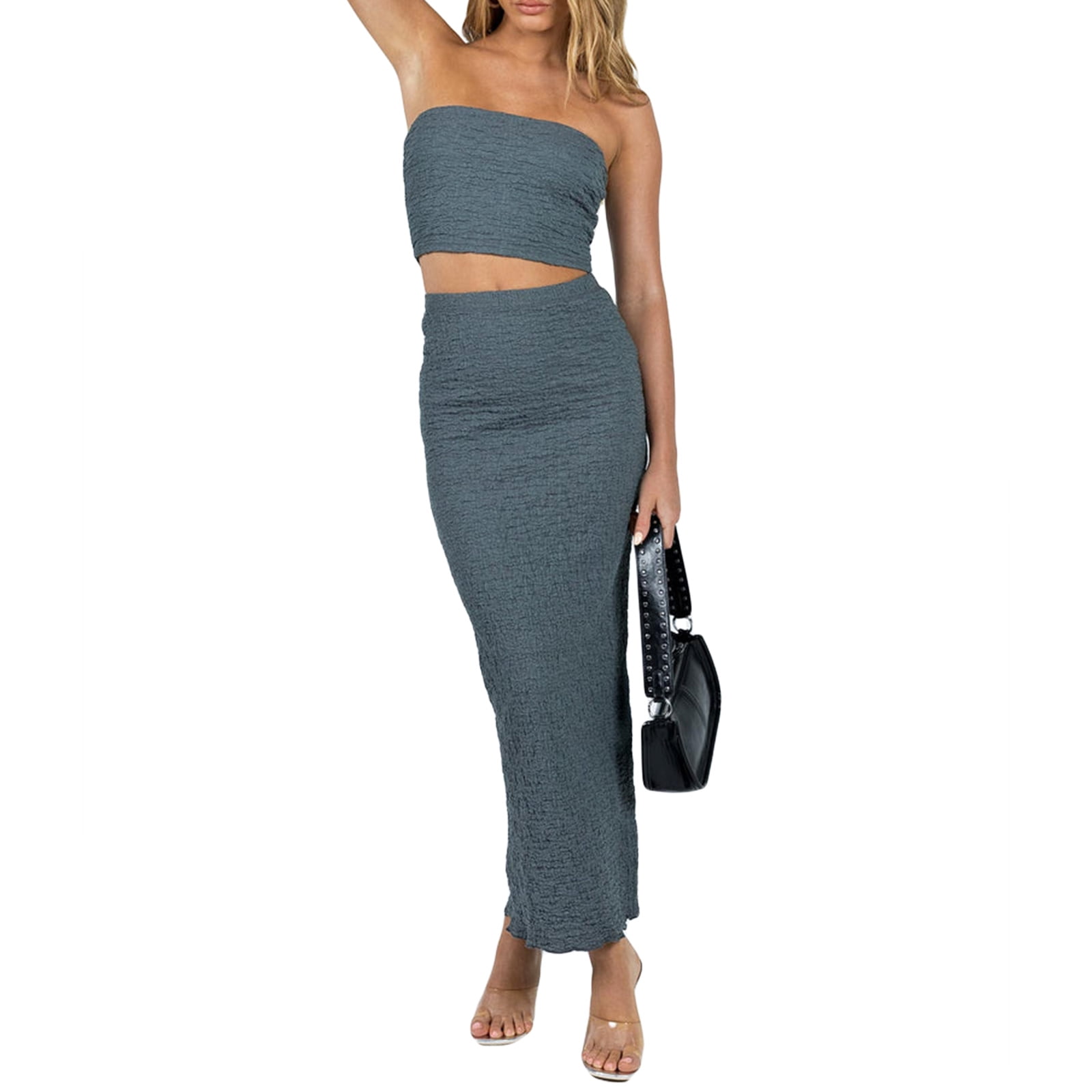 Women Y2K Long Skirt Set 2 Piece V Neck Halter Crop Top Off Shoulder ...