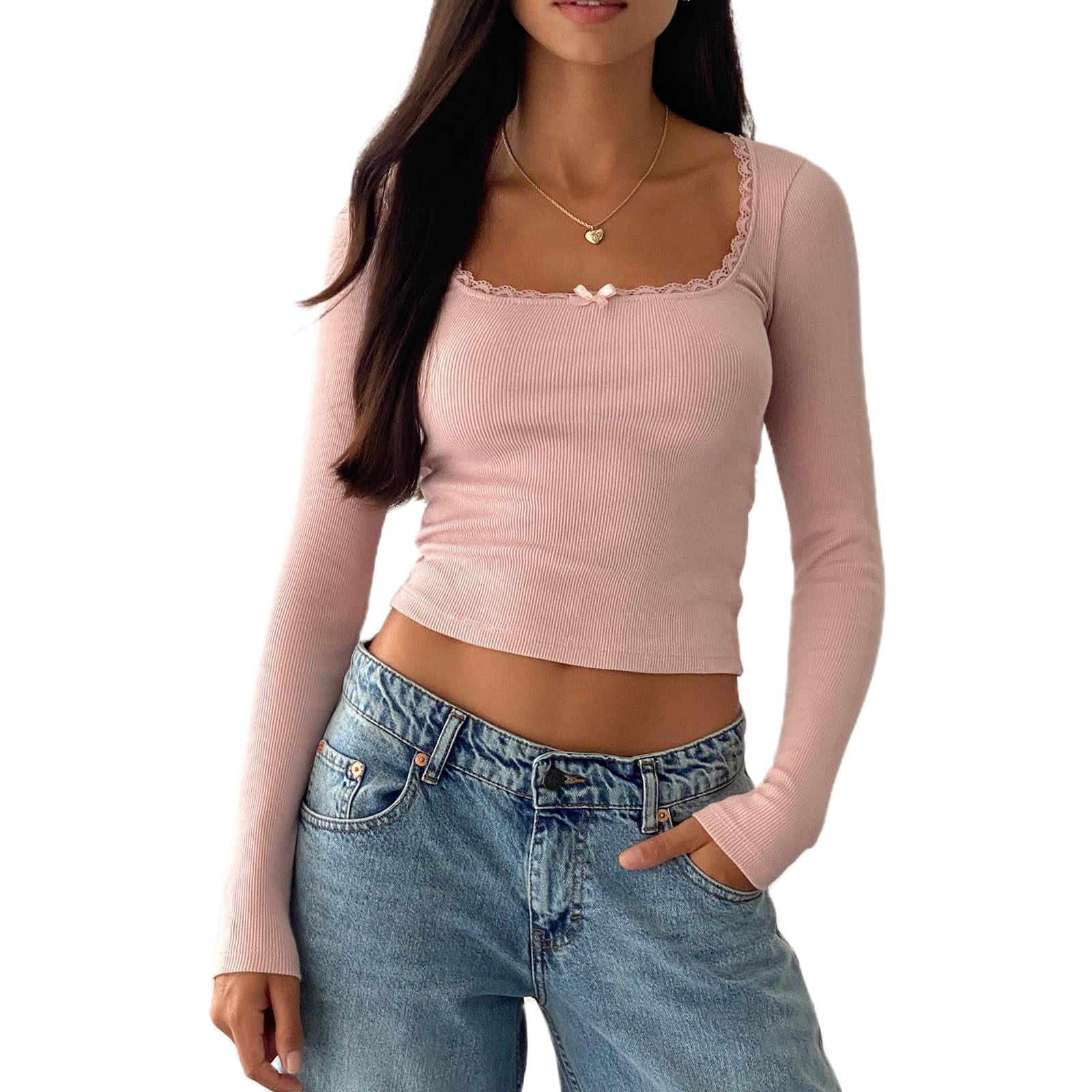 Women Y2K Long Sleeve Shirt Top Fairy Grunge Lace Trim Square Neck ...