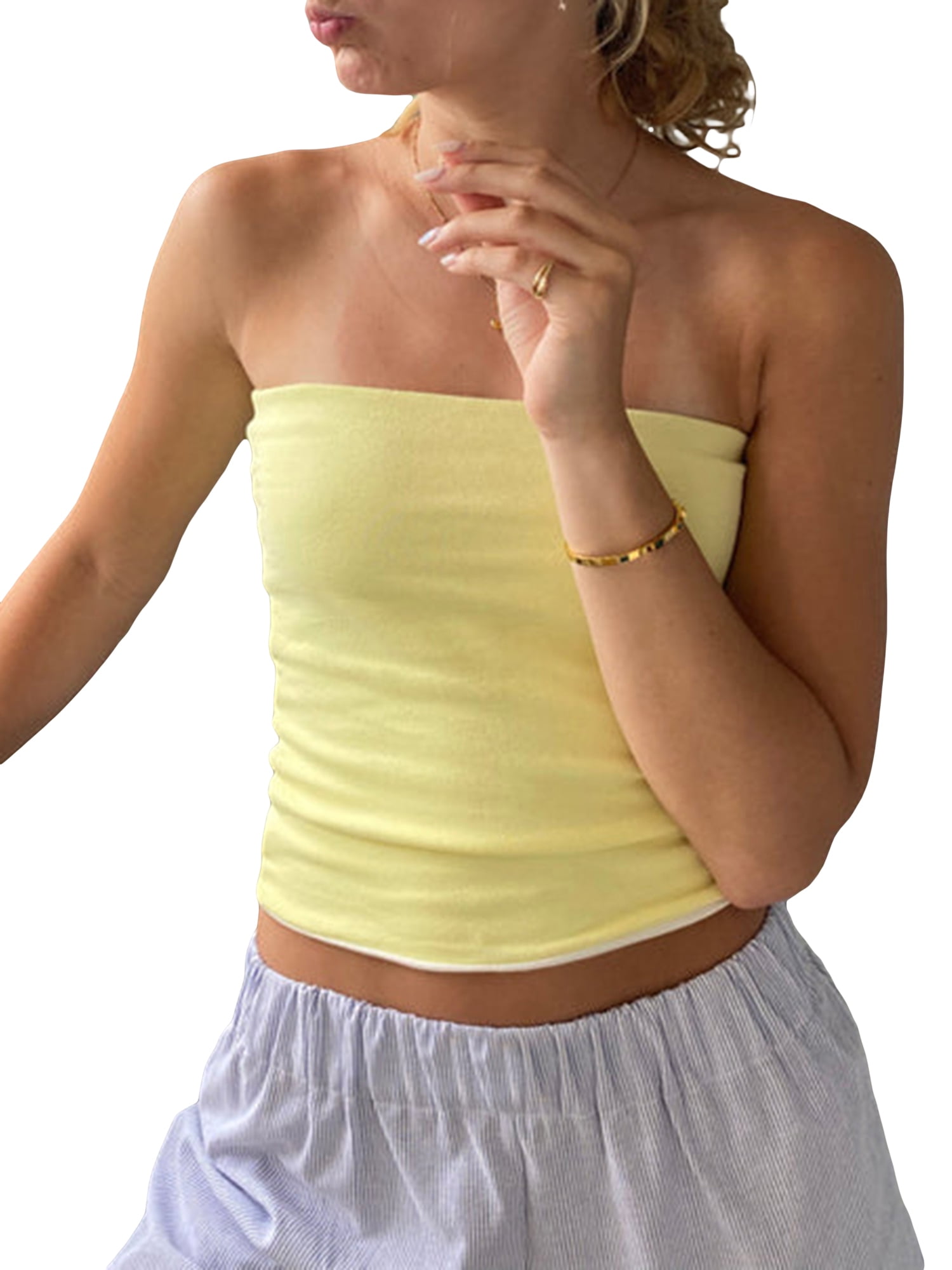 Women Y2k Crop Tube Tops Slim Fitted Strapless Off Shoulder Backless ...