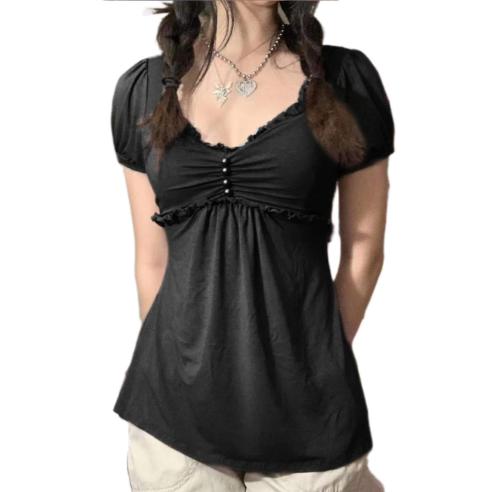 Women Y2k Fairy Grunge Shirts Short Sleeve See Through Lace Trim Square Neck T-shirt Vintage ...