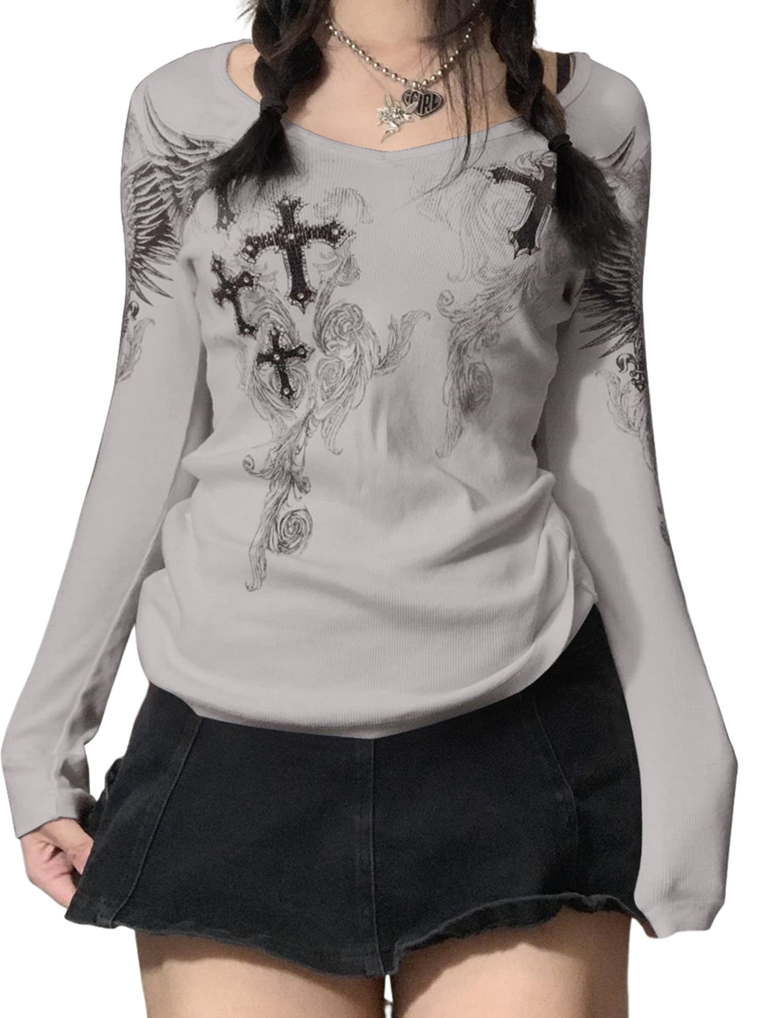 Women Y2k Fairy Grunge Top Shirt Long Sleeve Vintage Aesthetic Graphic ...