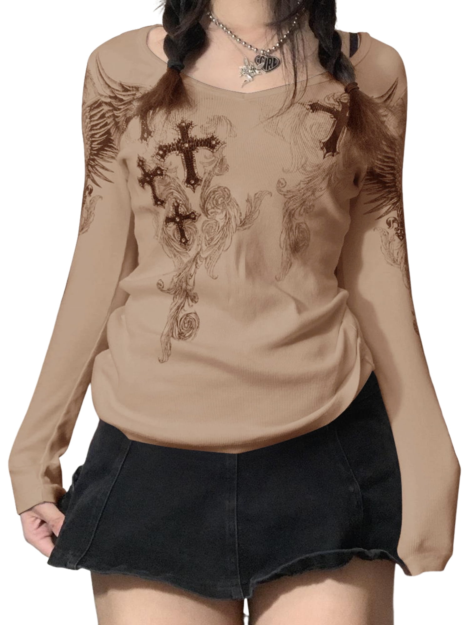 Women Y2k Fairy Grunge Top Shirt Long Sleeve Vintage Aesthetic Graphic ...