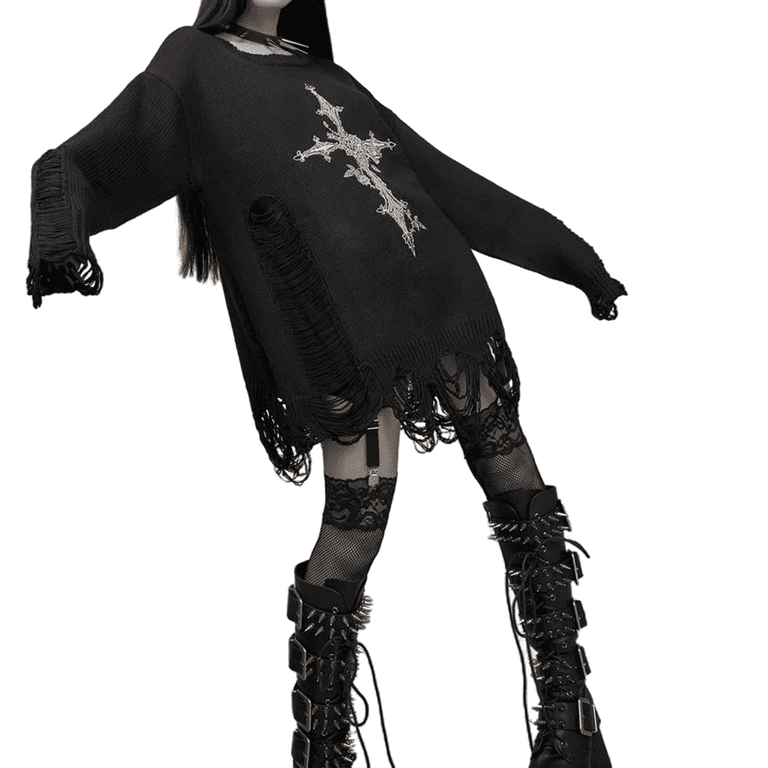 Women Y2k Gothic Distressed Sweater Black Long Sleeve Cross Women Y2k Gothic Distressed Sweater Black Long Sleeve Cross
