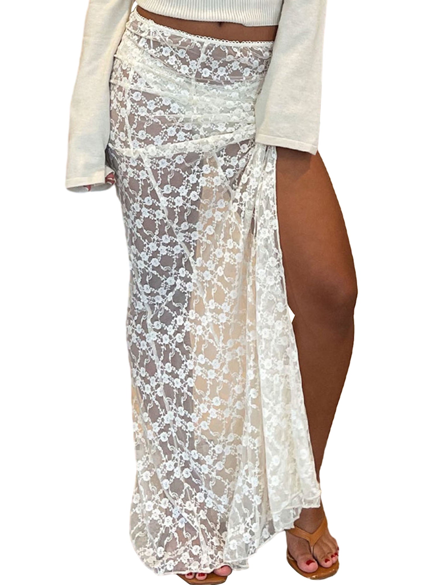 Women Y2k Lace Maxi Skirt Summer See Through Split Skirt Casual Boho ...