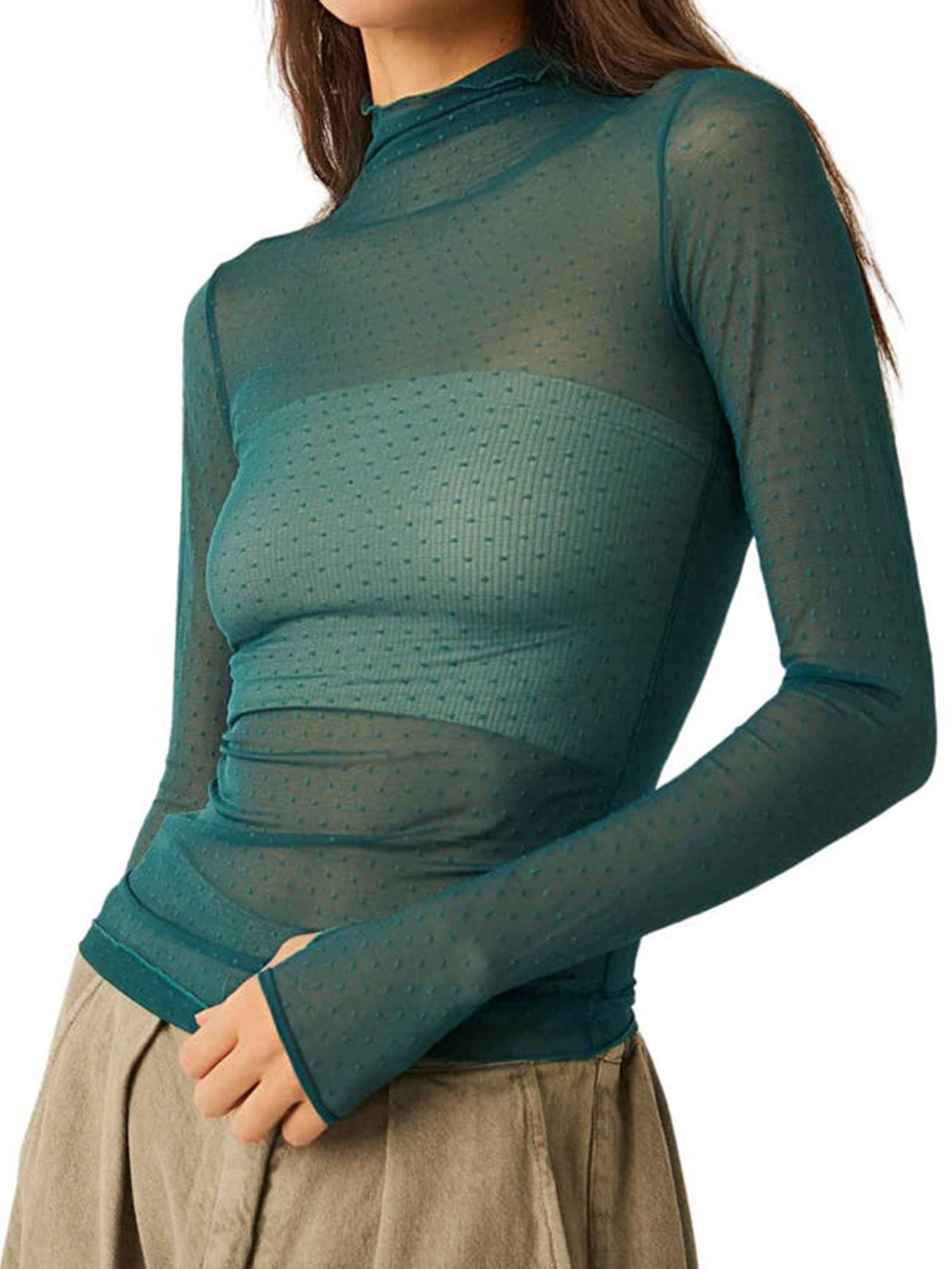 Women Y2k Long Sleeve Floral Lace Top See Through Mesh Sheer Crop Top ...