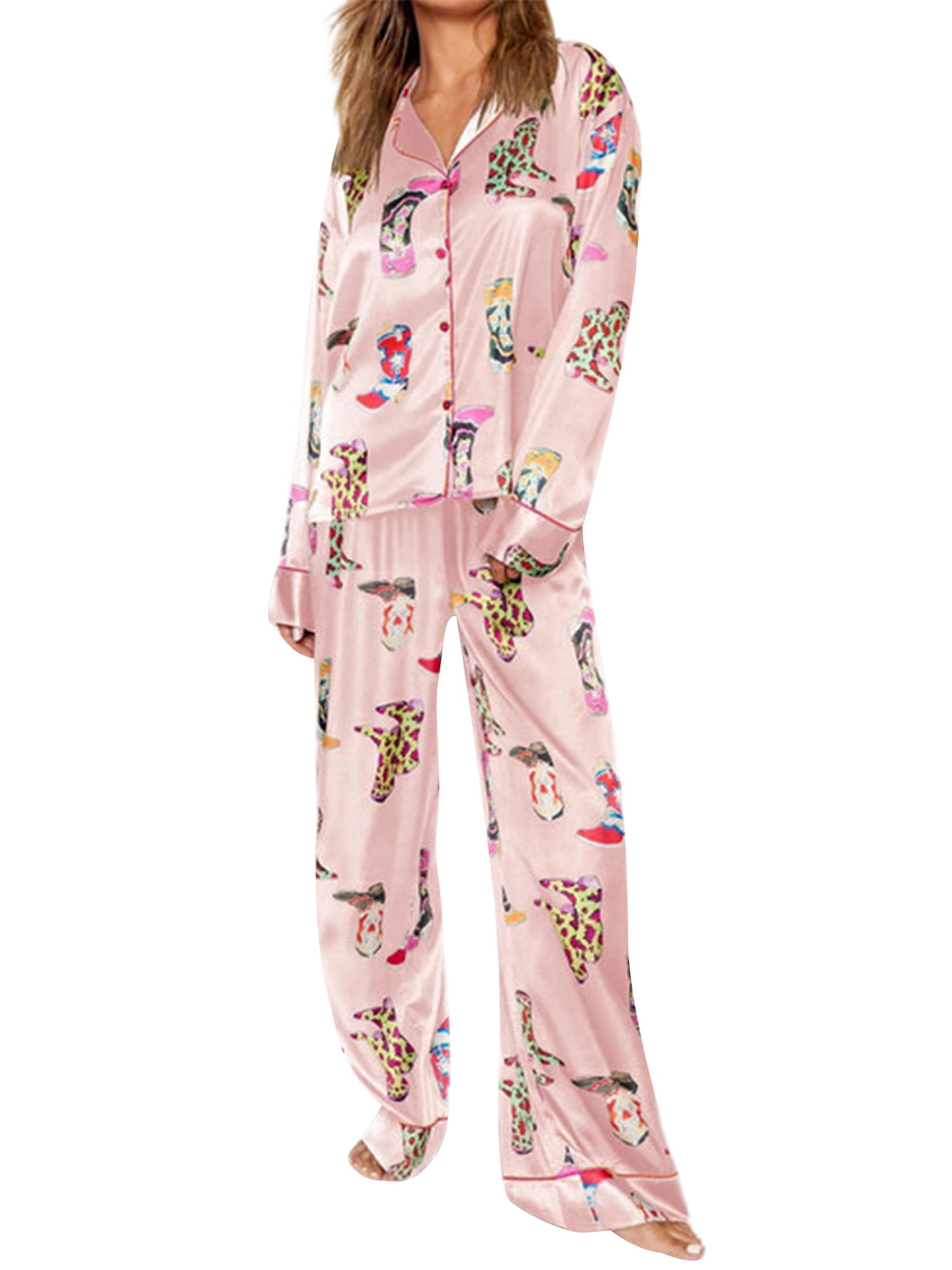 Women Y2k Pajamas Lounge Set Boots Bow Print Long Sleeve Shirts Tops ...