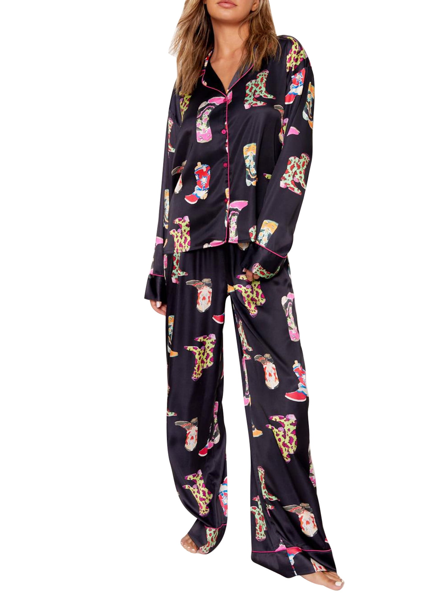 Women Y2k Pajamas Lounge Set Boots Bow Print Long Sleeve Shirts Tops ...