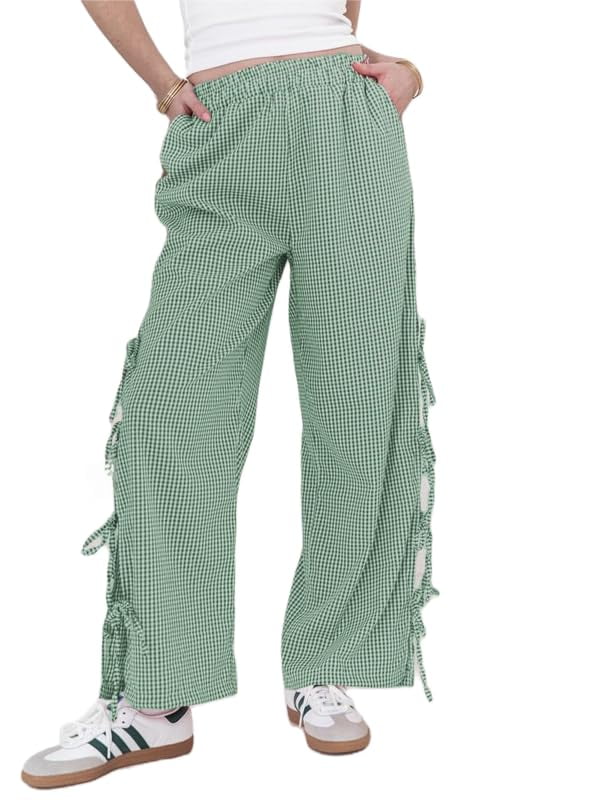 Women Y2k Plaid Long Pants Elastic Waist Bow Tie Side Slit Wide Leg ...