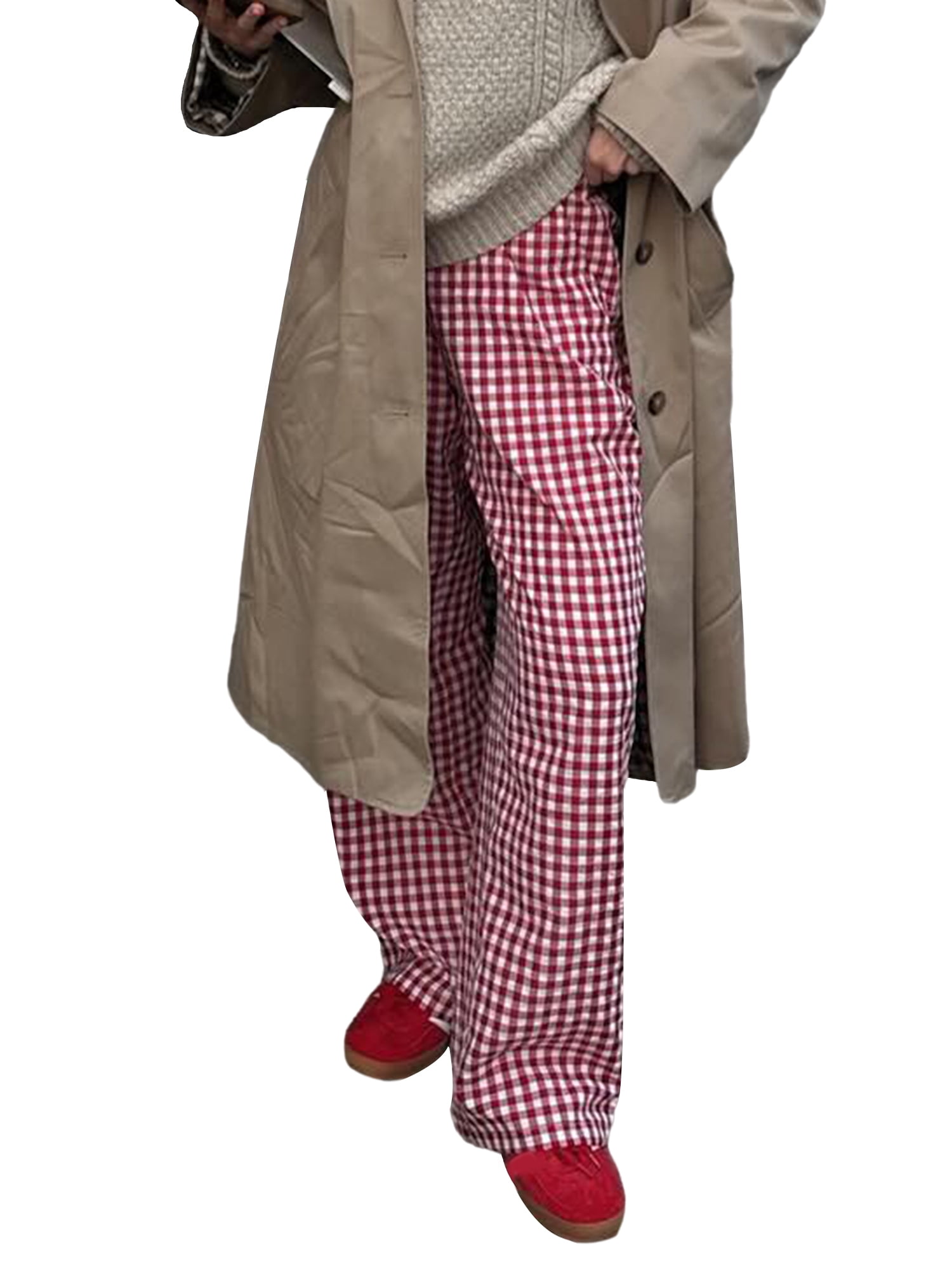 Women Y2k Plaid Pants Gingham Wide Leg Lounge Pants Elastic High Waist ...