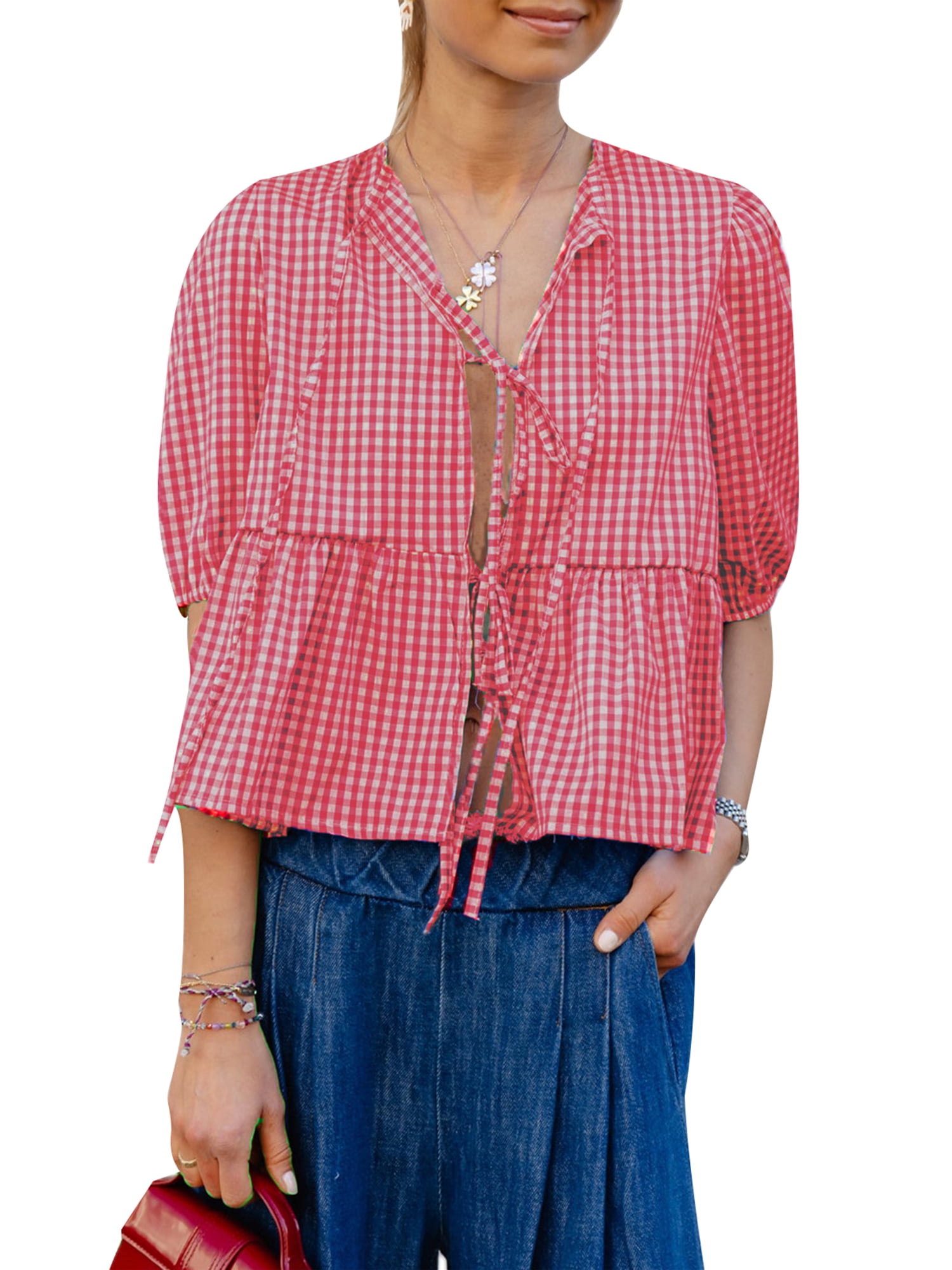 Women Y2k Puff Short Sleeve Babydoll Peplum Tops Tie Front Ruffle Hem ...