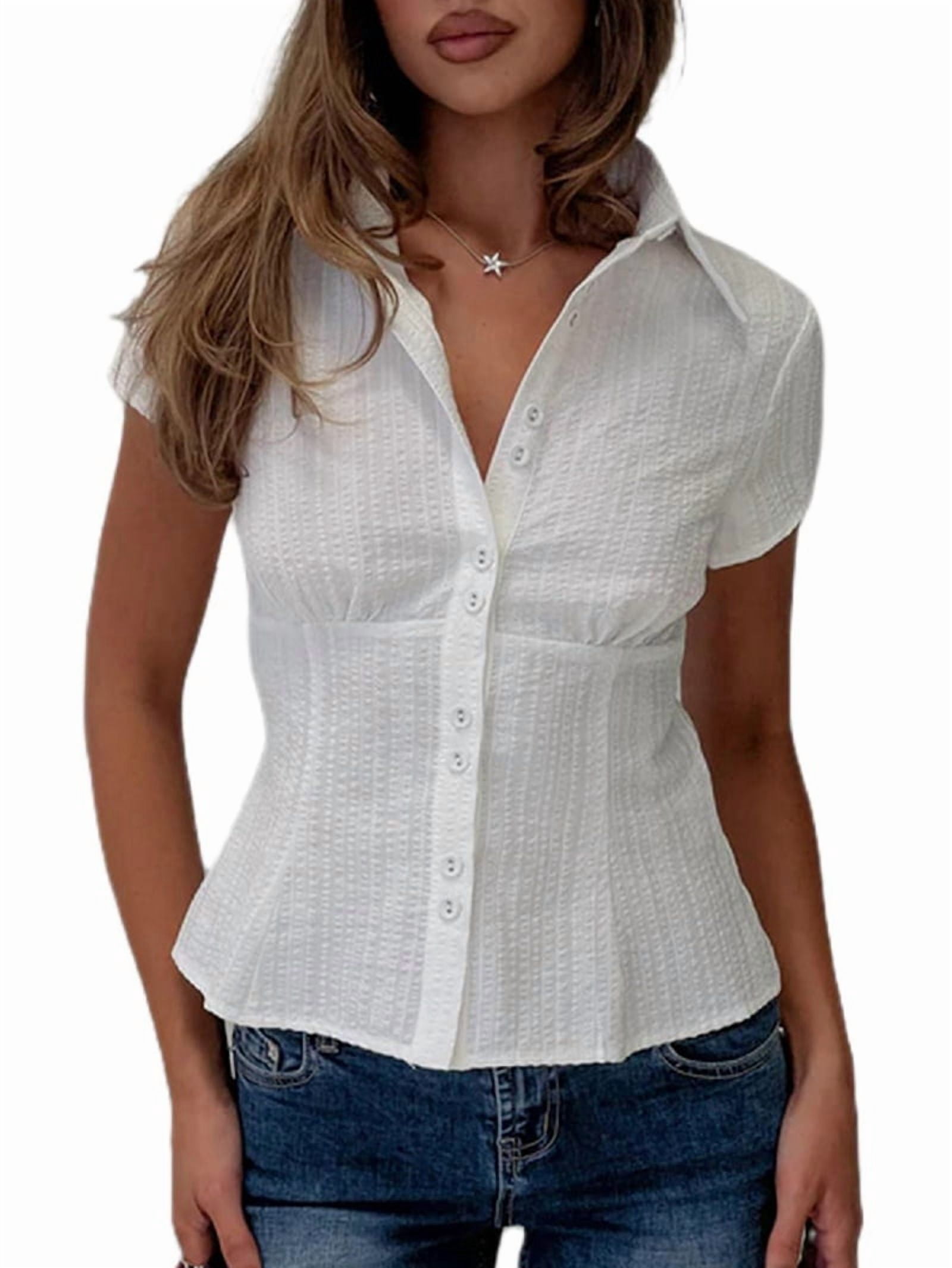 Women Y2k Short Sleeve Button Up Shirt Lapel Collar V Neck Plaid Open ...