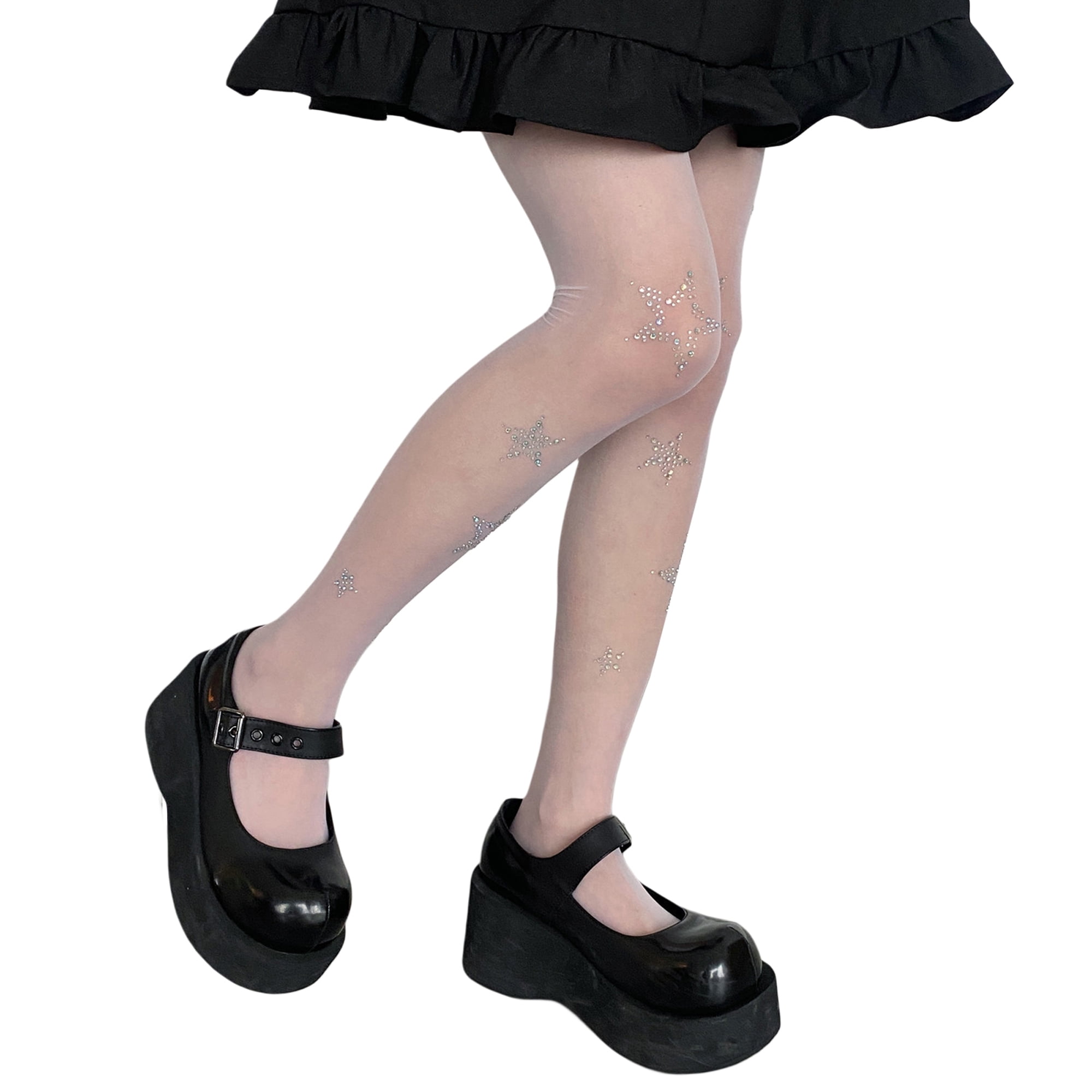 Women Y2k Star Rhinestone Pantyhose Elastic High Waist Mesh Sheer ...