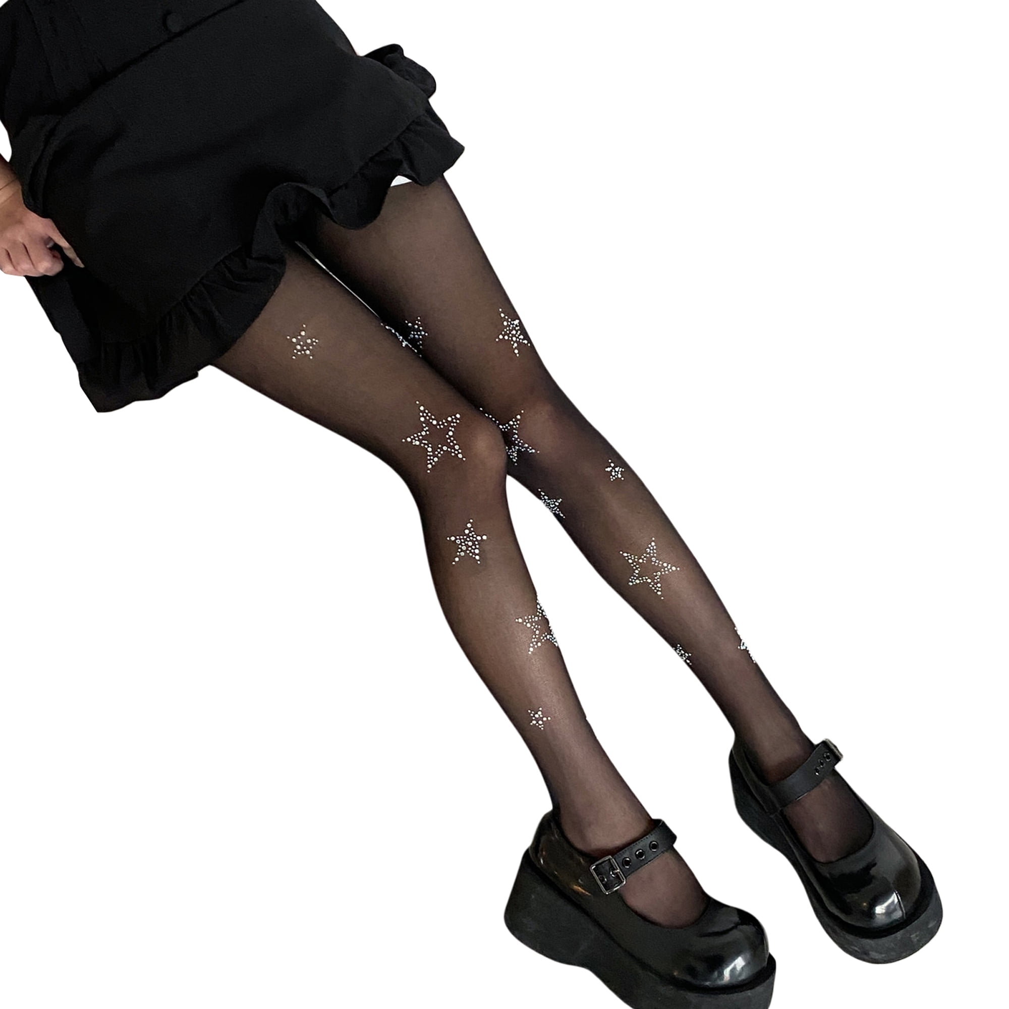 Women Y2k Star Rhinestone Pantyhose Elastic High Waist Mesh Sheer ...