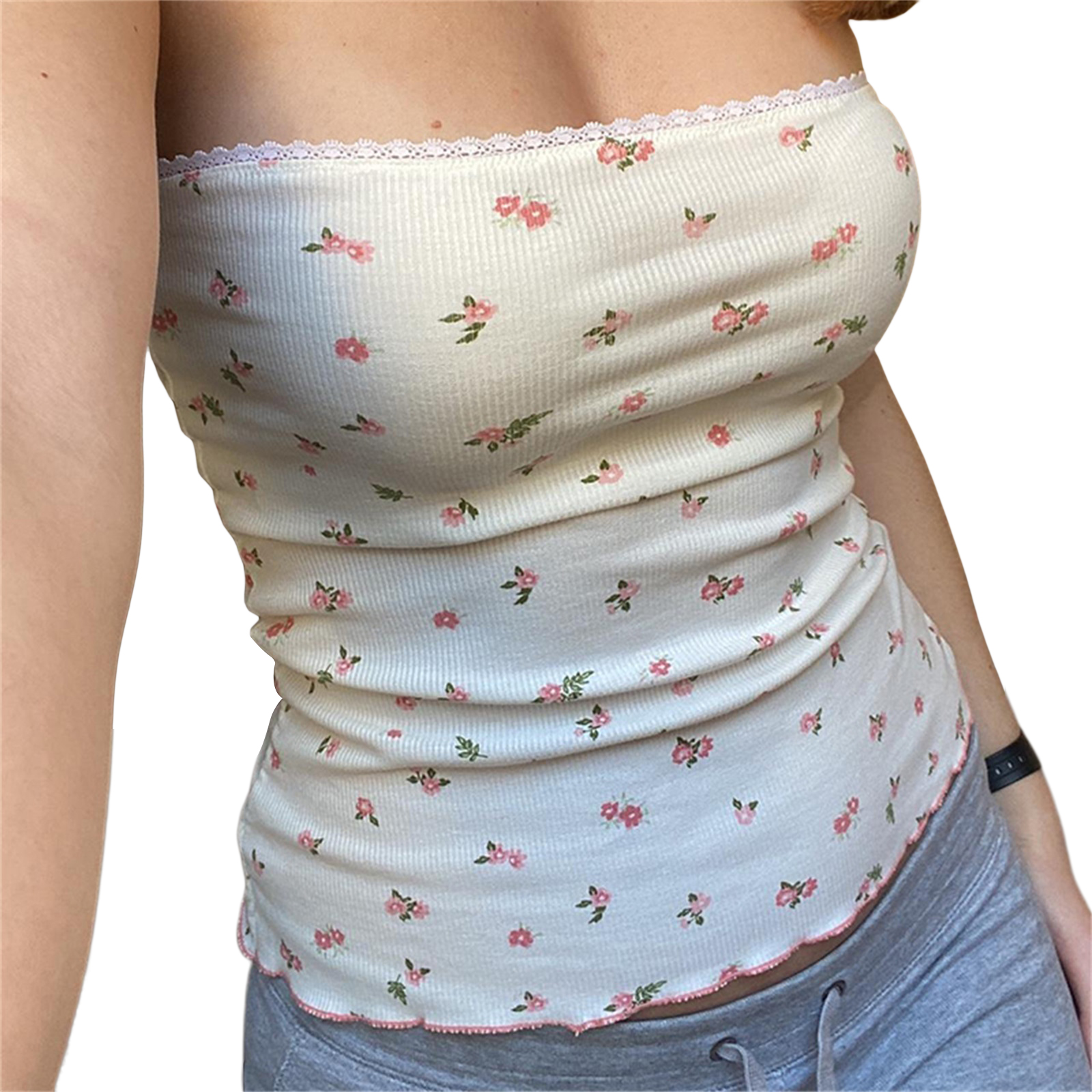 Women Y2k Strapless Tube Top Lace Trim Bandeau Crop Tank Top Floral Off