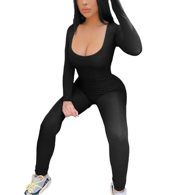Women Yoga Jumpsuits One Piece Workout Ribbed Long Sleeve Rompers
