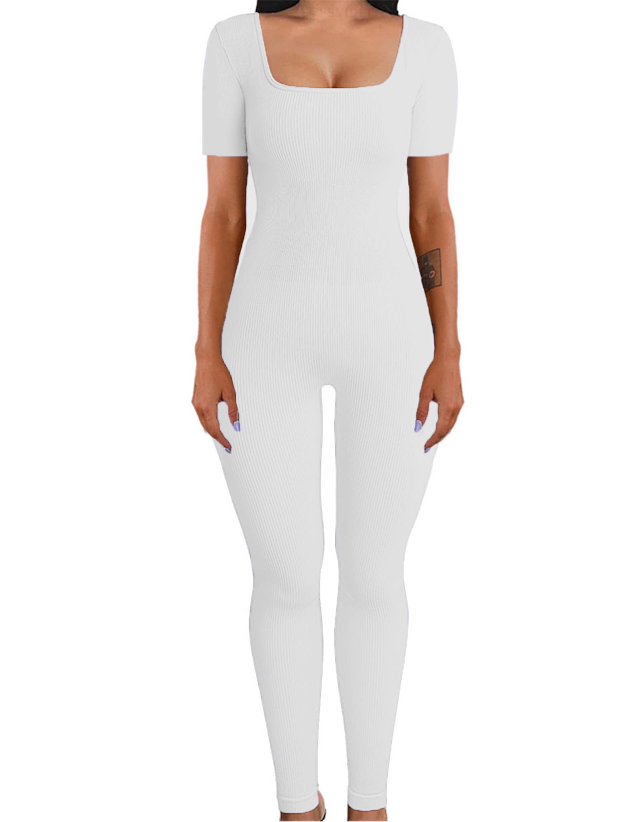 Women Yoga Jumpsuits Workout Ribbed Short Sleeve Square Neck Sport
