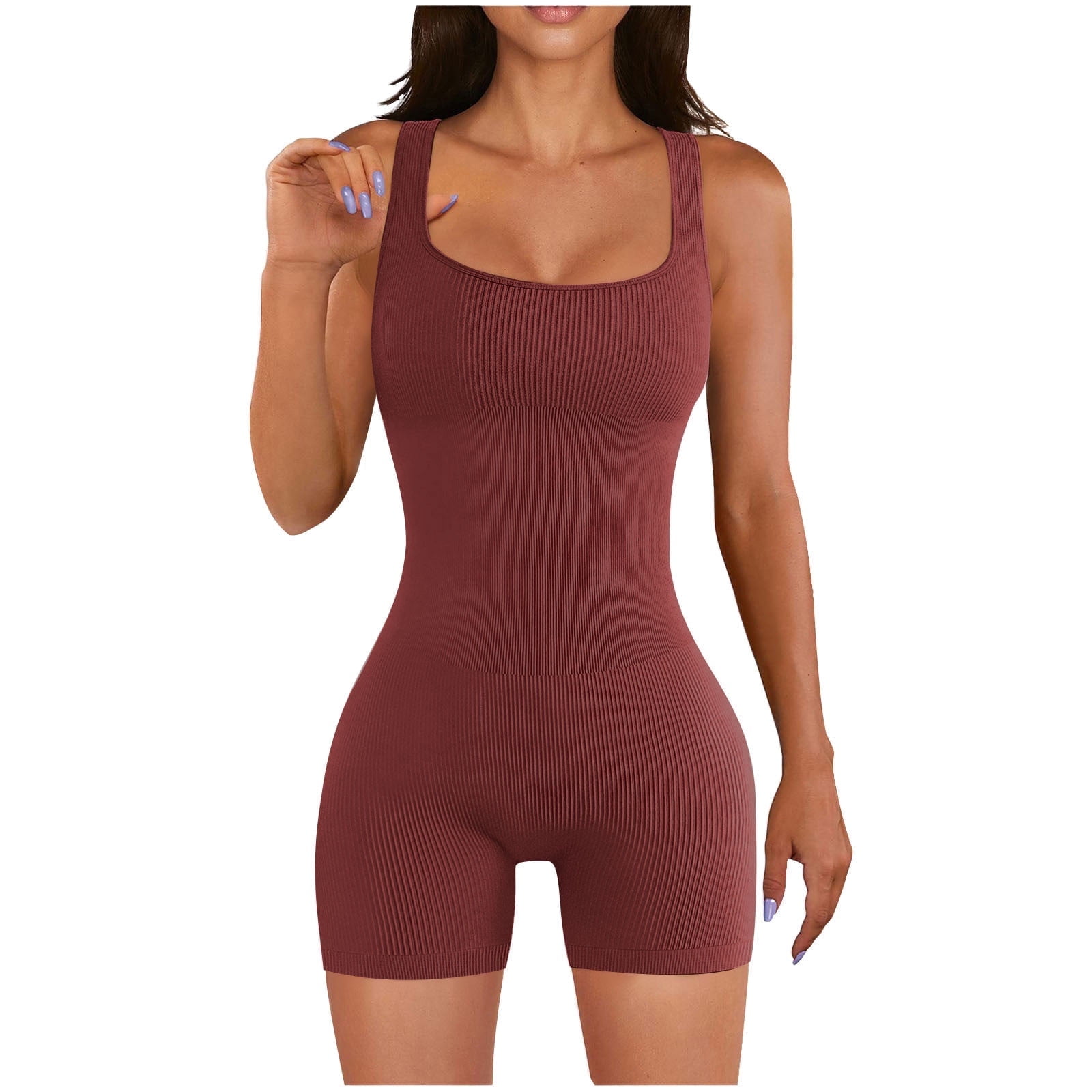 Women Yoga Rompers Workout Ribbed Knit Square Neck Sleeveless Tank Tops ...