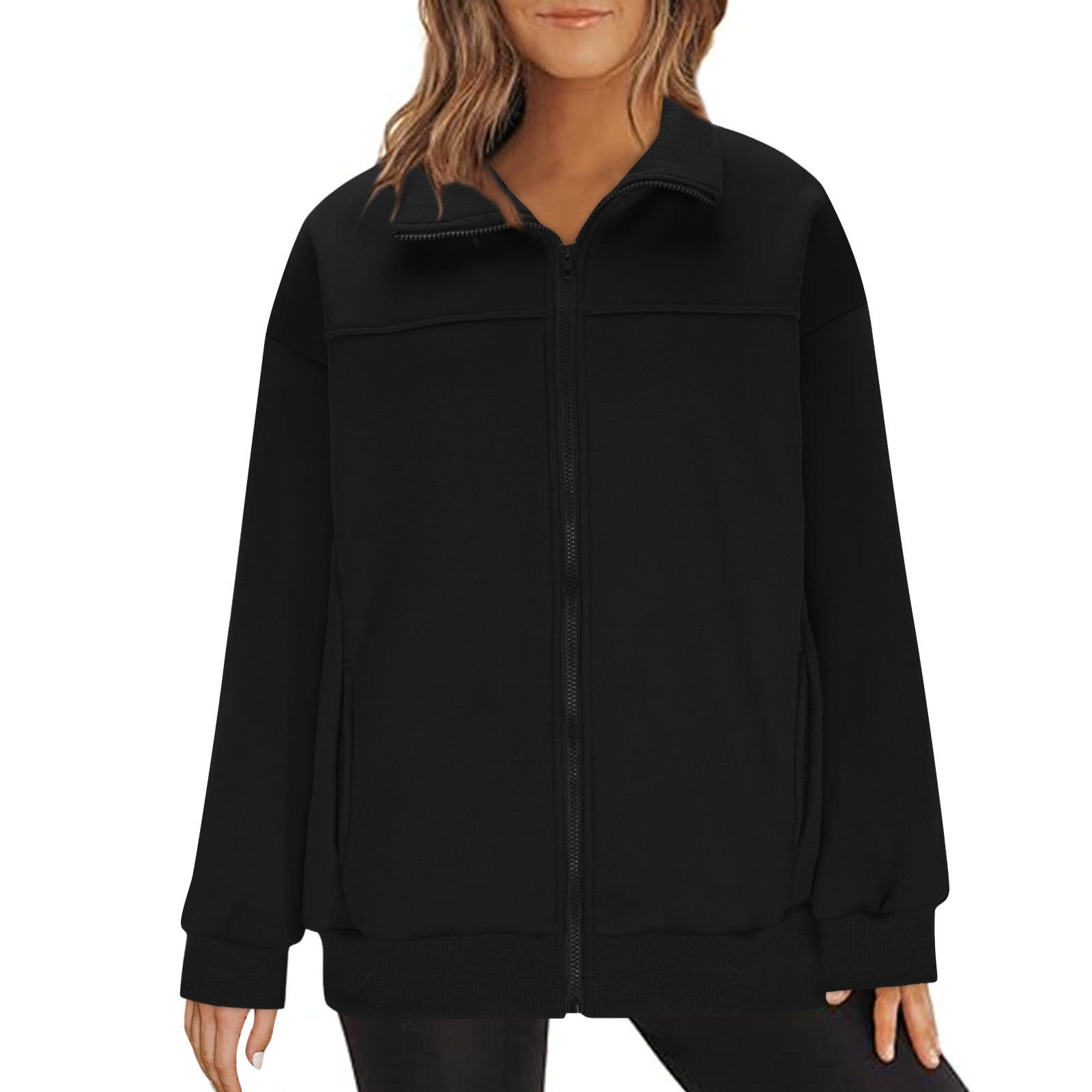 Women Zip Up Sweatshirt Jacket without Hood Solid Color Casual Sports ...