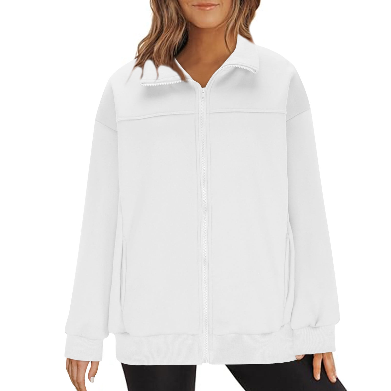 Women Zip Up Sweatshirt Jacket without Hood Solid Color Casual Sports ...