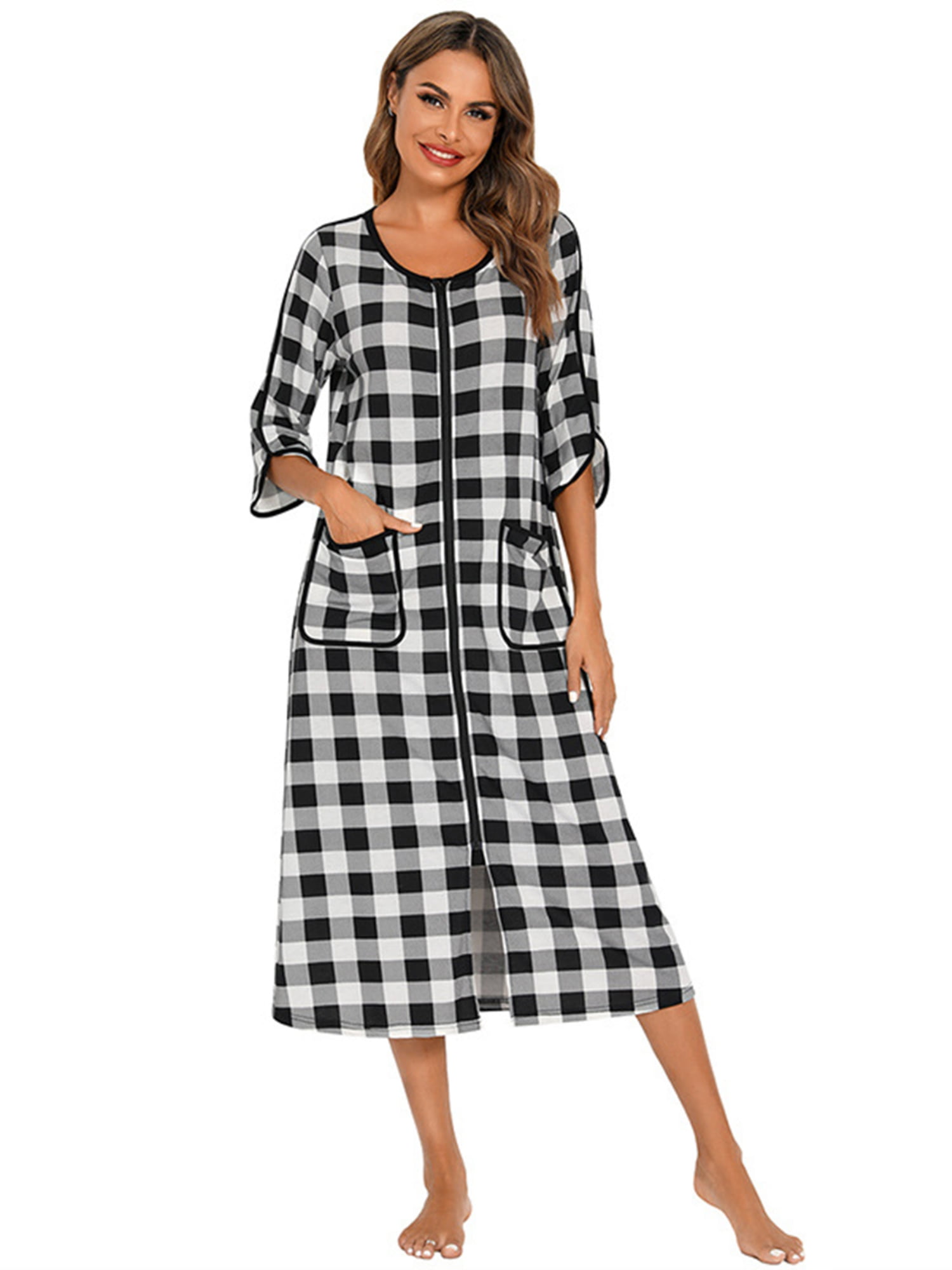 Women Zipper Front Robes Women House Coat Half Sleeve Loungewear Long ...