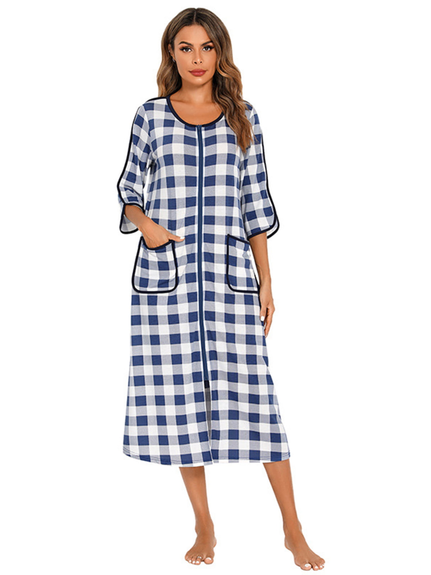 Women Zipper Front Robes Women House Coat Half Sleeve Loungewear Long ...