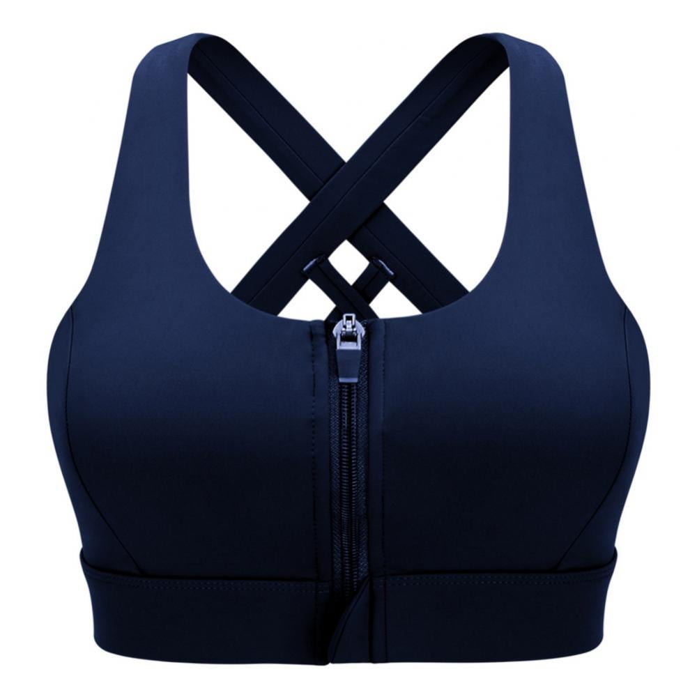 Women Zipper Front Sports Bra High Impact Criss cross Strappy Back ...