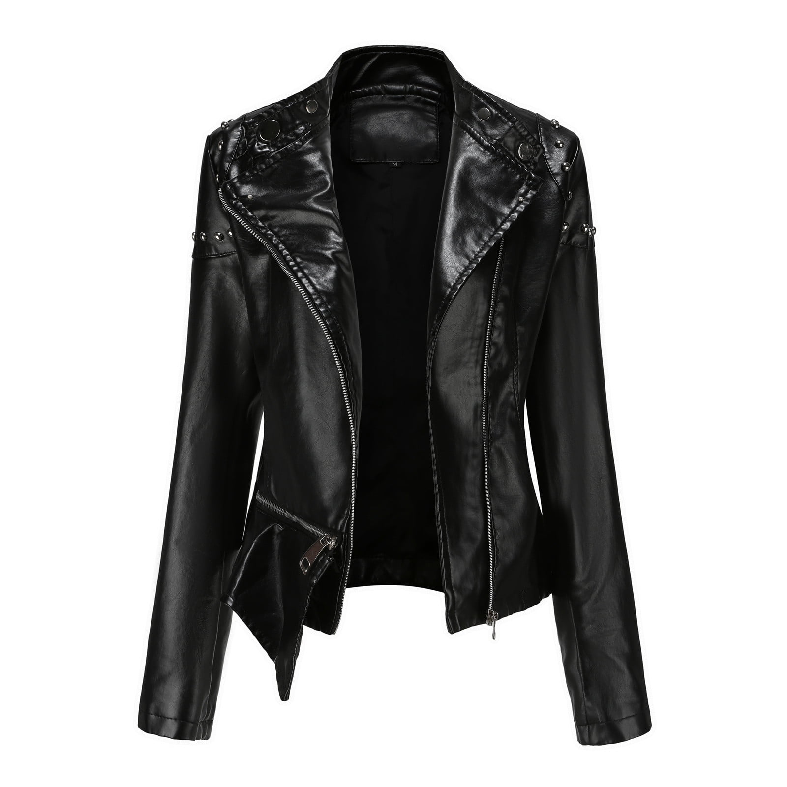 Women Zipper Leather Short Outwear Biker Basic Motorcycle Leather ...