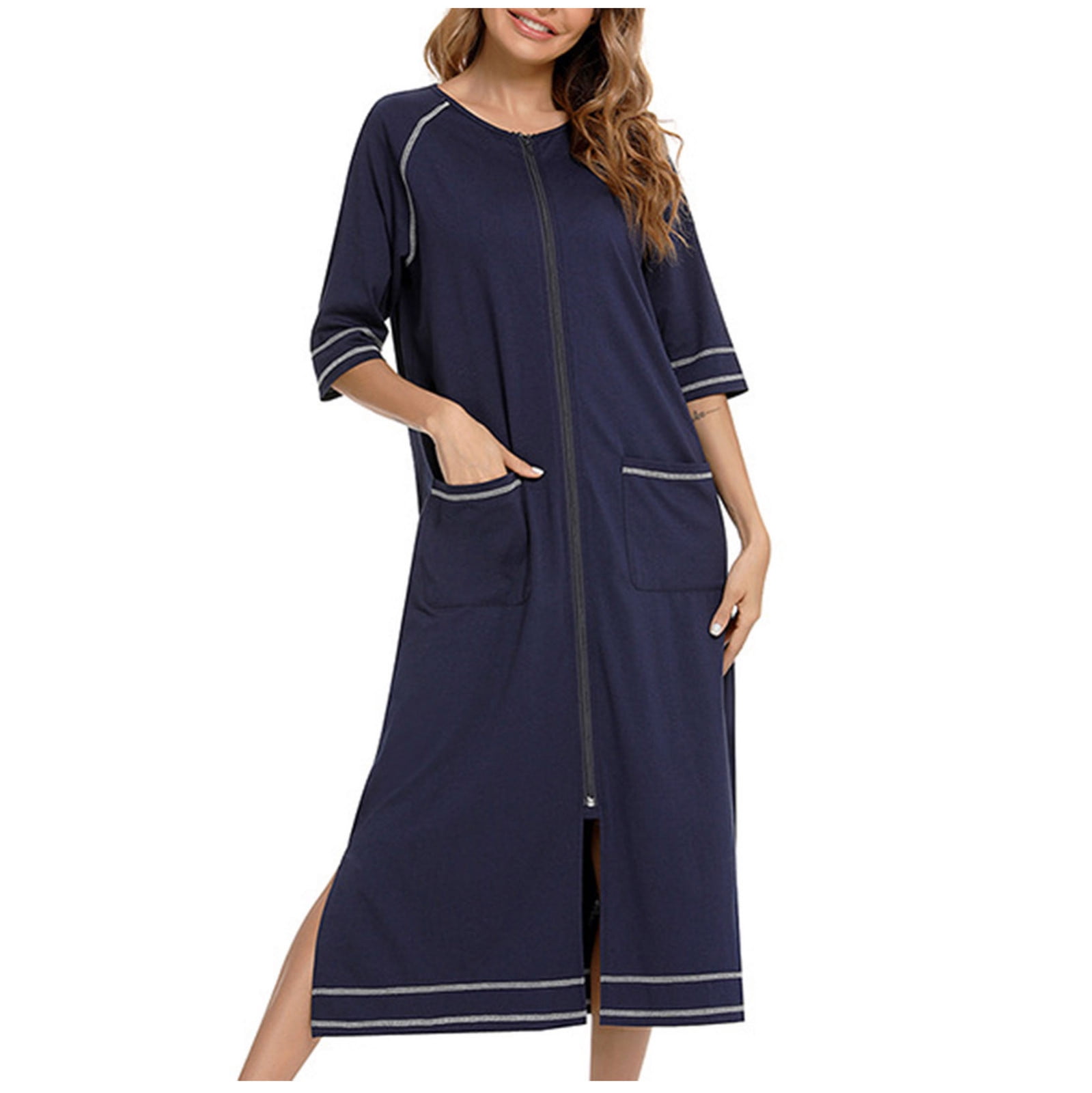 Women Zipper Robe 3/4 Sleeves Loungewear Nightgowns Full Length ...