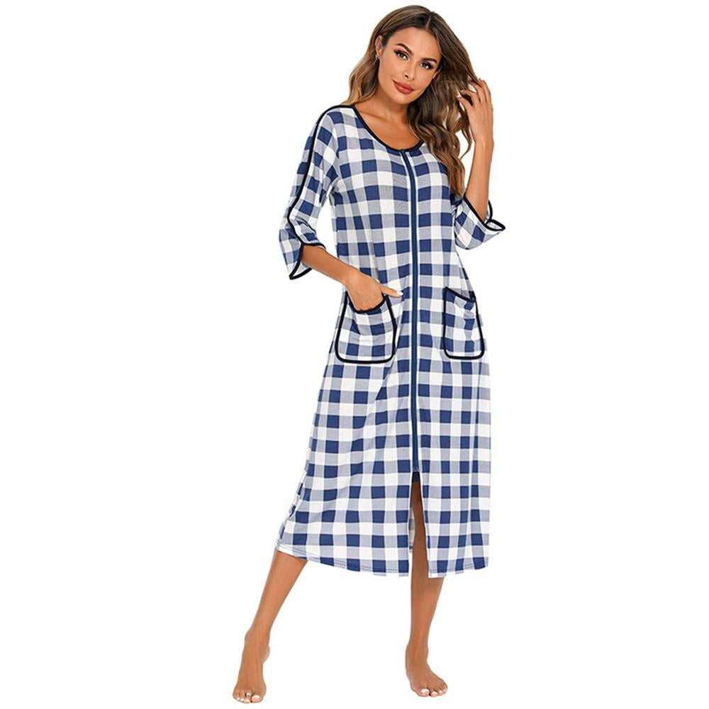 Women's Zipper Robe, Plaid Nightdress, Crewneck Sleepshirt, 3/4 Sleeve ...