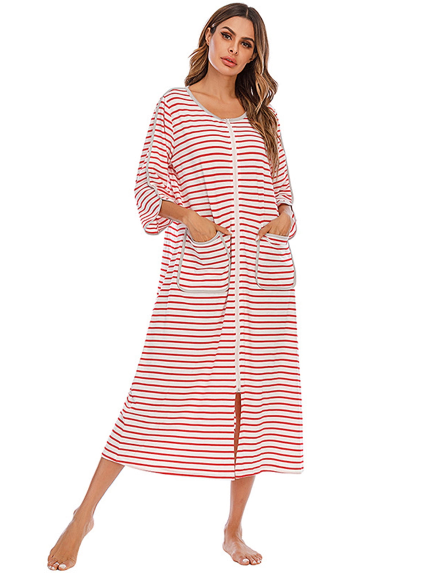 Women Zipper Robes Full Length Nightgowns Cotton Loose Housecoat Half ...