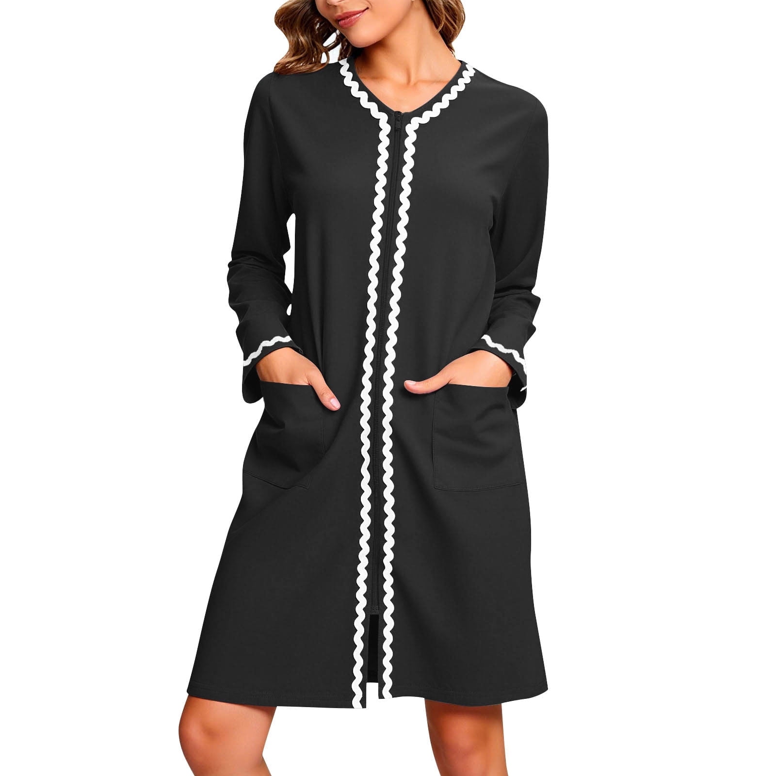 Women Zipper Robes Short Loungewear Nightgowns Long Sleeve Knee Length ...