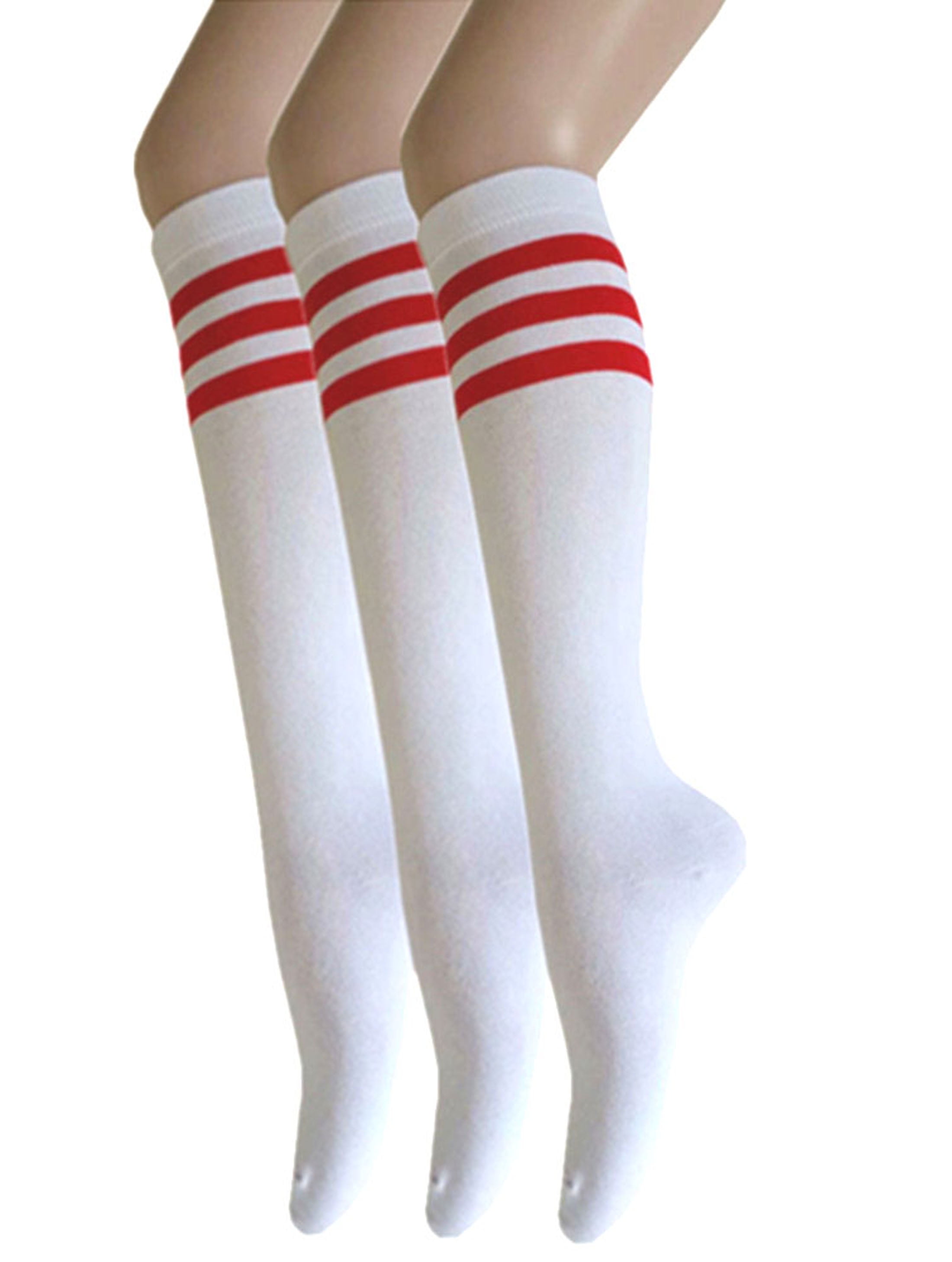 Women and Girls Roller Skate Retro Triple Stripes Tube Knee High Socks ...