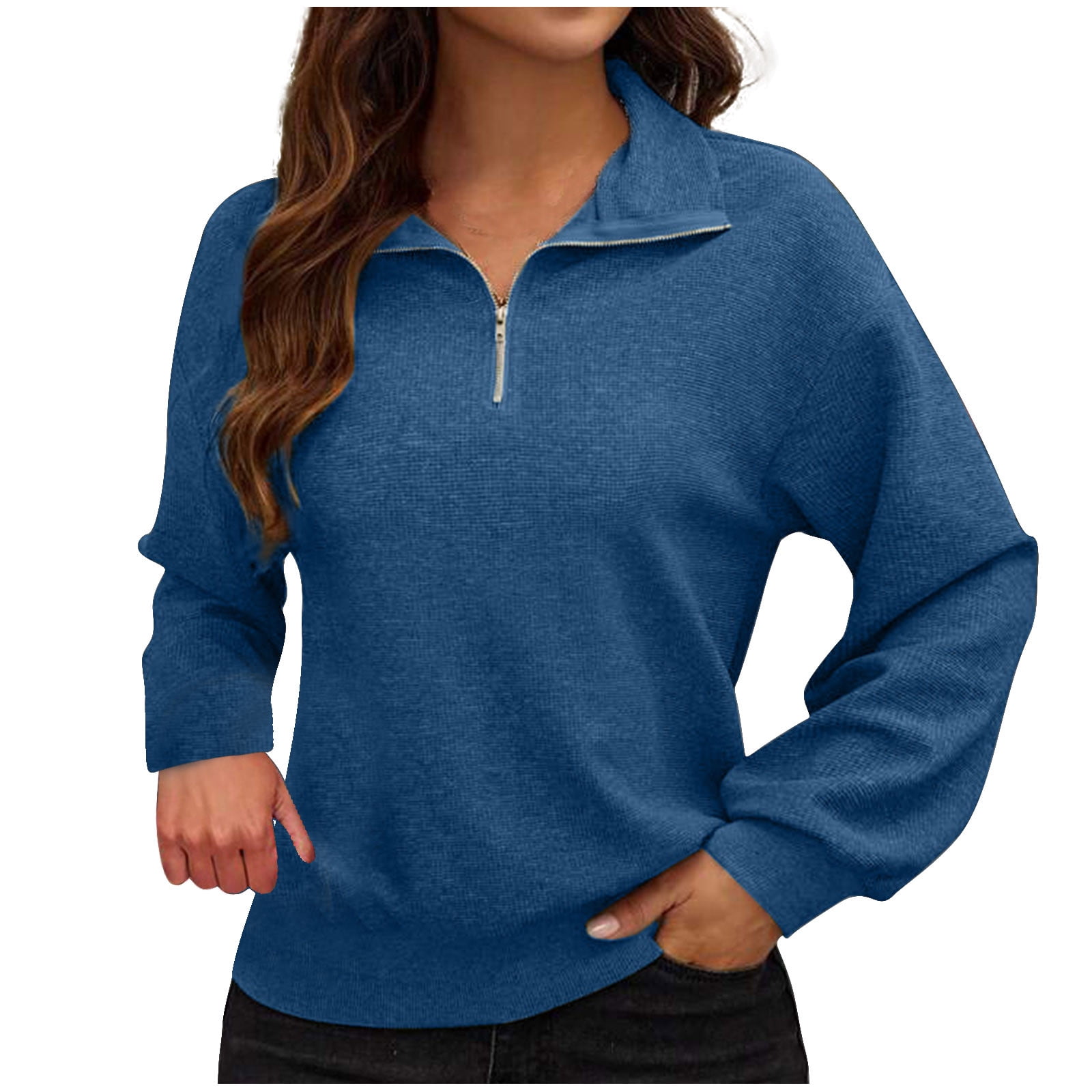 Women's 1/4 Zip Cotton Sweatshirts Knitted Casual Lounge Pullover Tops ...