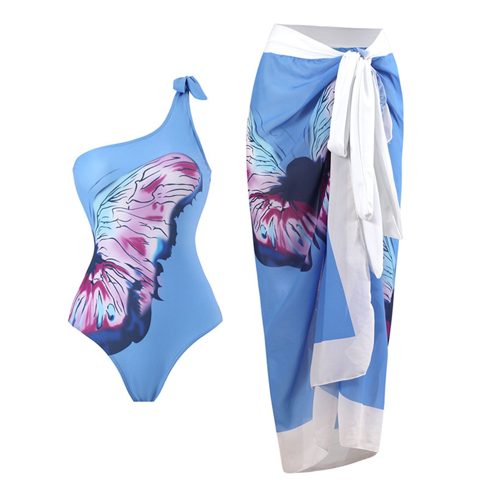 Women's 1 Piece Swimsuit with Beach Cover up Wrap Skirt Sarong Tropical ...