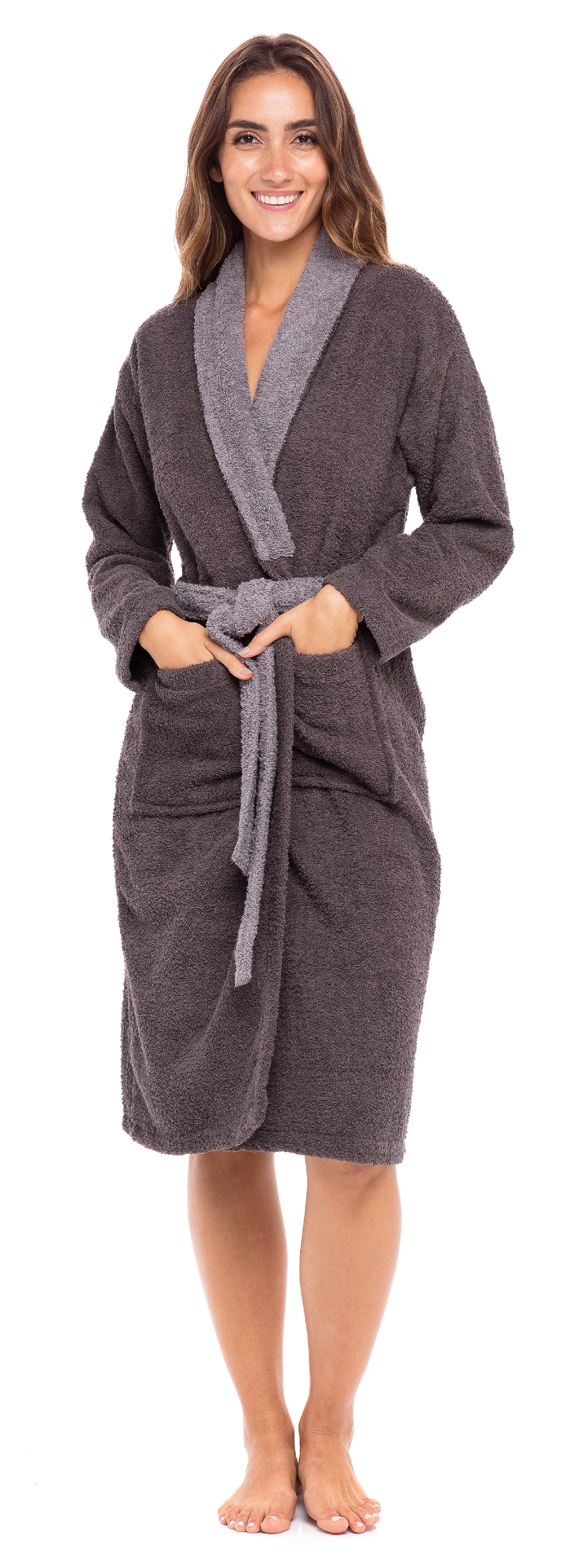 Women’s 100% Terry Cotton Bathrobe Toweling Dressing Gown Robe Two Tone ...