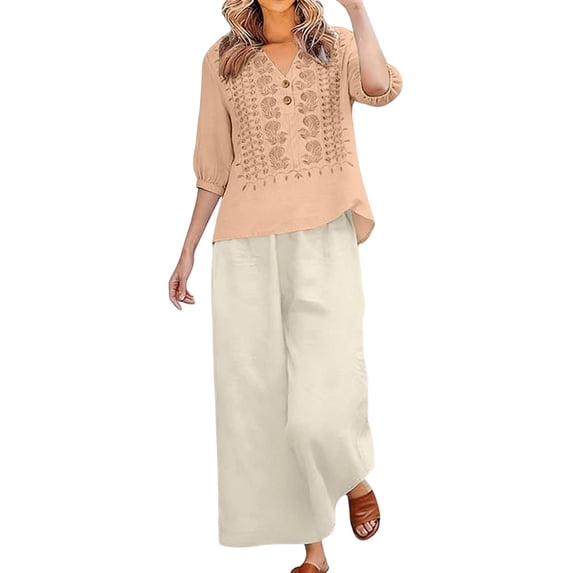 Women's 2 Piece 3/4 Sleeve Embroidered Top and Cropped Wide Leg Pants ...