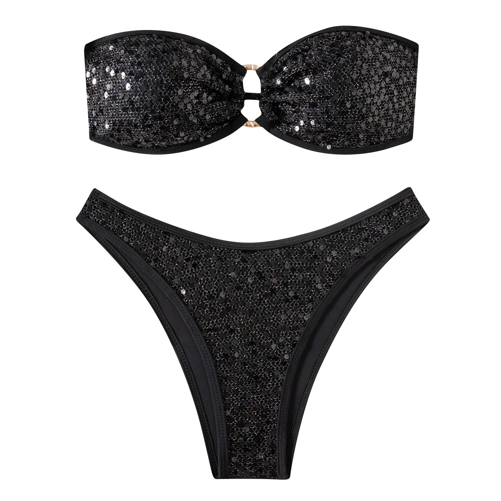Women's 2 Piece Bikini Swimsuit Sequin Strapless Tube Tops High Cut ...