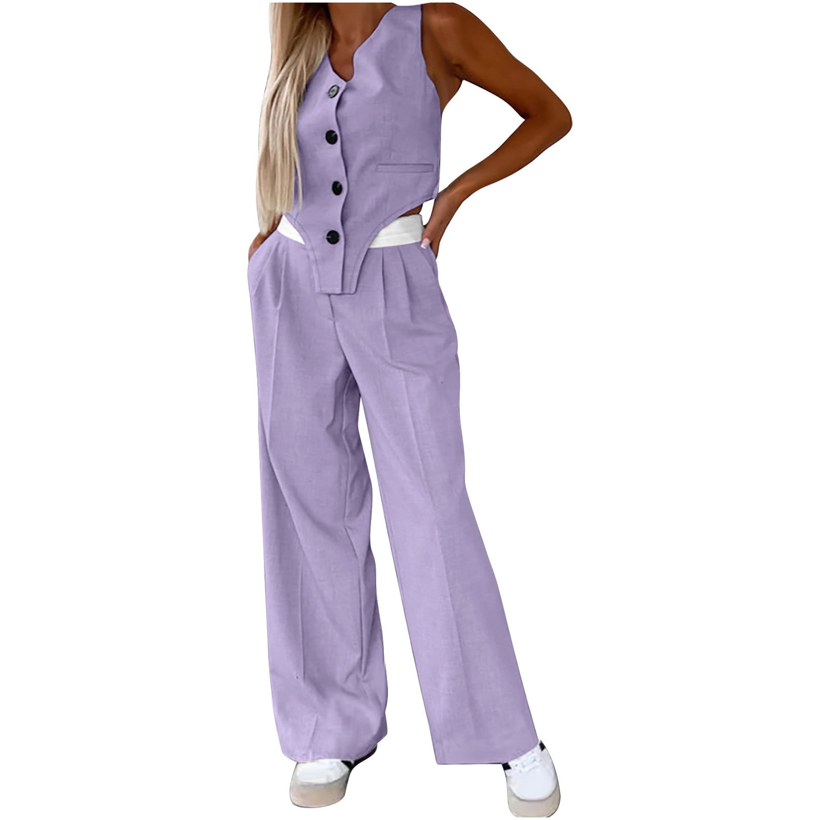 Women's 2 Piece Blazer Outfits Sleeveless V Neck Vest Waistcoat Wide ...