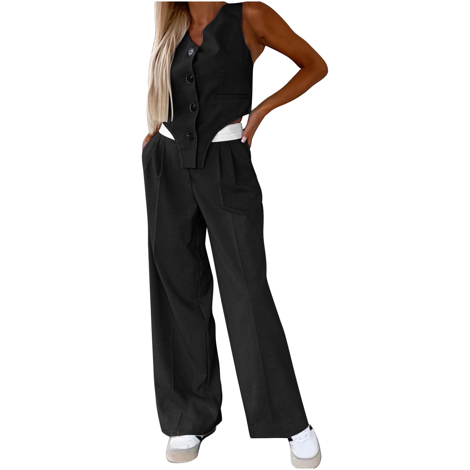 Women's 2 Piece Blazer Outfits Sleeveless V Neck Vest Waistcoat Wide ...