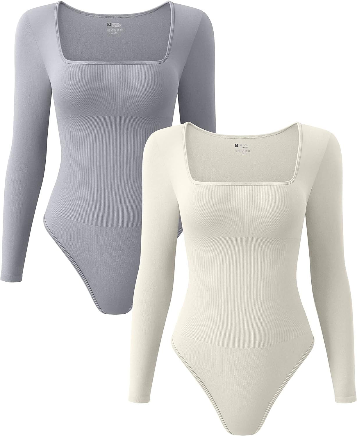 Women's 2 Piece Bodysuits Sexy Ribbed One Piece Square Neck Long Sleeve ...
