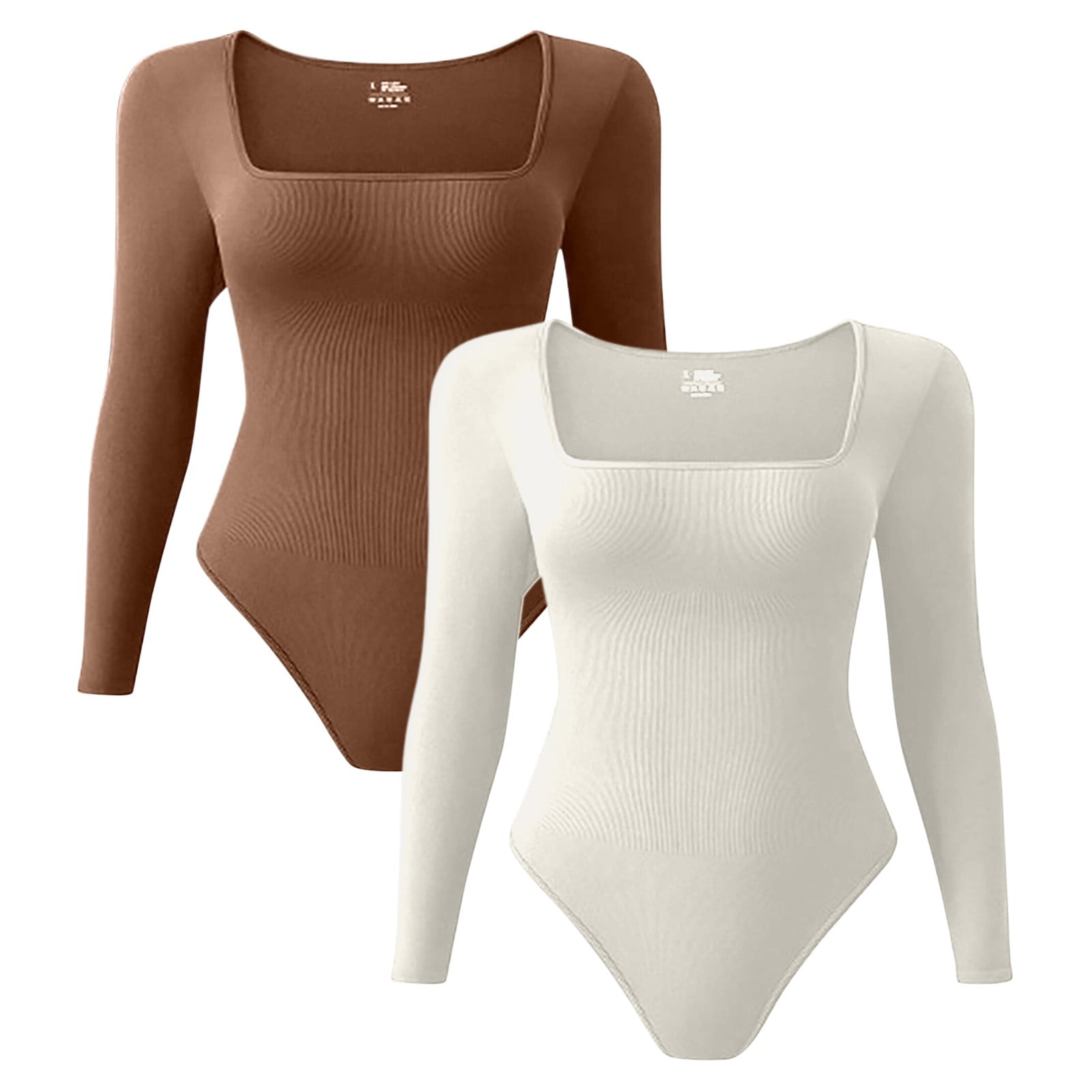 Womens 2 Piece Bodysuits Sexy Ribbed Square Neck Long Sleeve Bodysuits