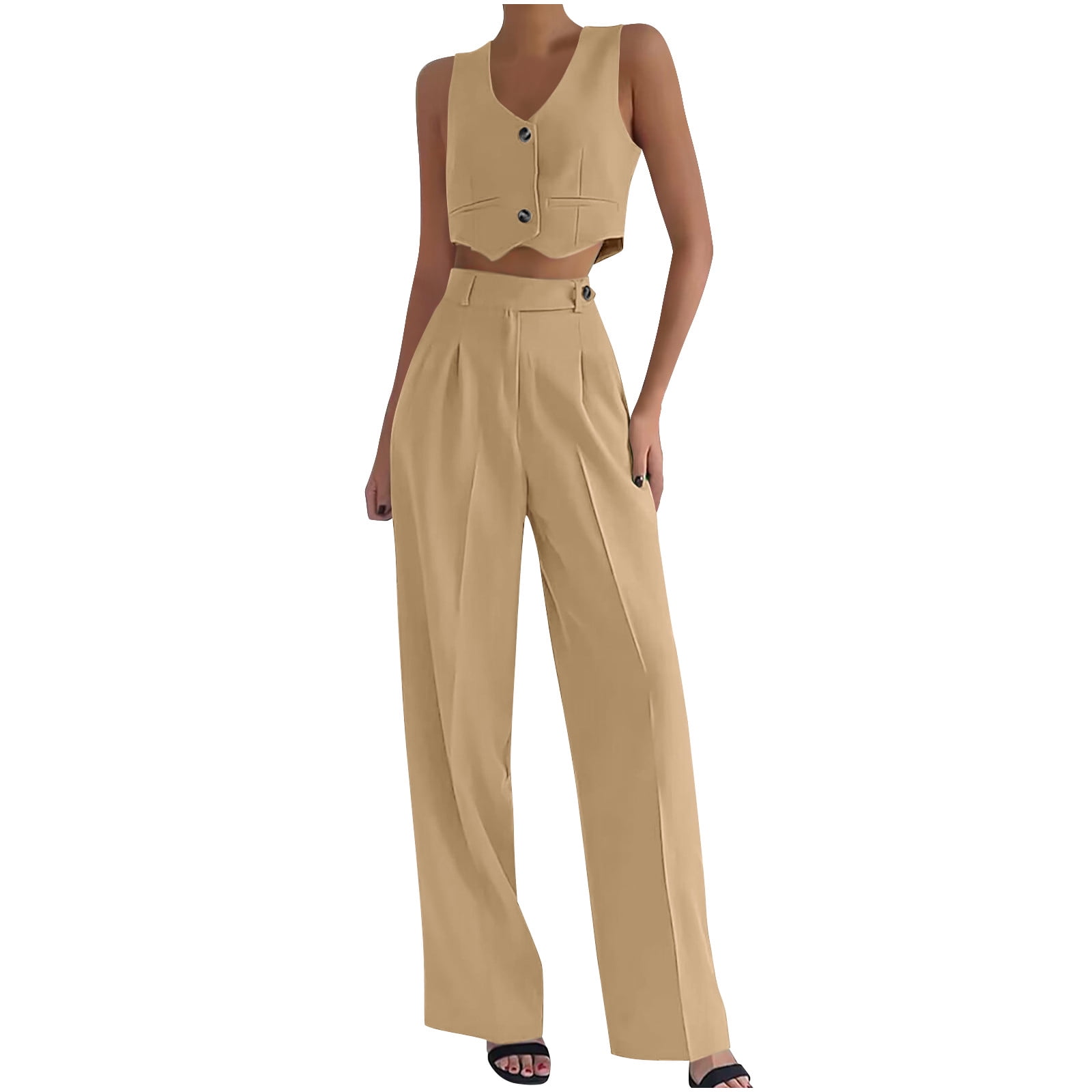 Women's 2 Piece Casual Business Outfits Crop Vest and Wide Leg Suit ...