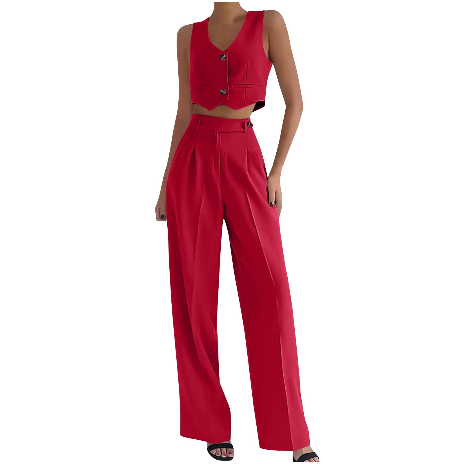 Women's 2 Piece Casual Business Outfits Crop Vest and Wide Leg Suit ...
