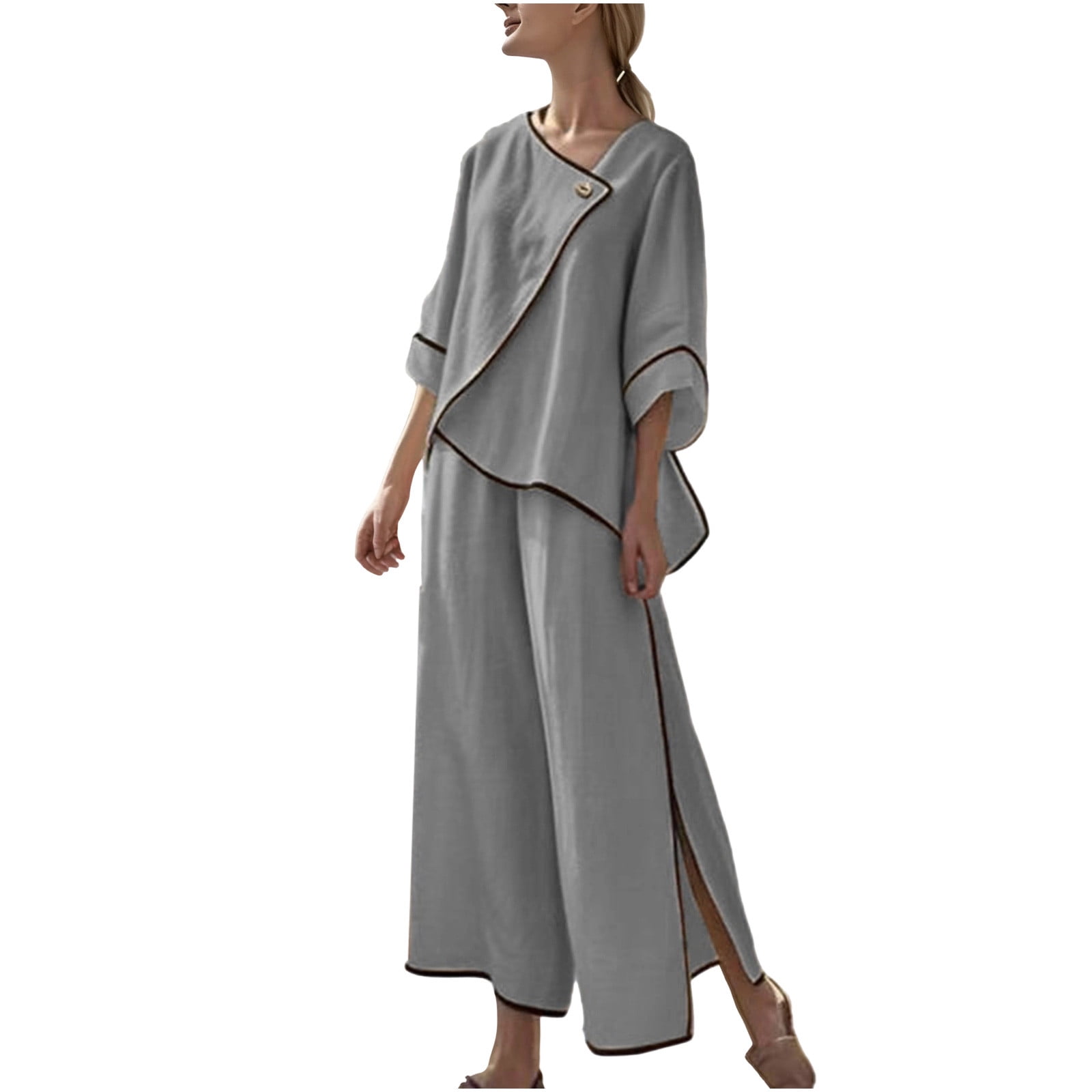 Women's 2-Piece Casual Loungewear Set - 3/4 Sleeve Asymmetrical Top ...