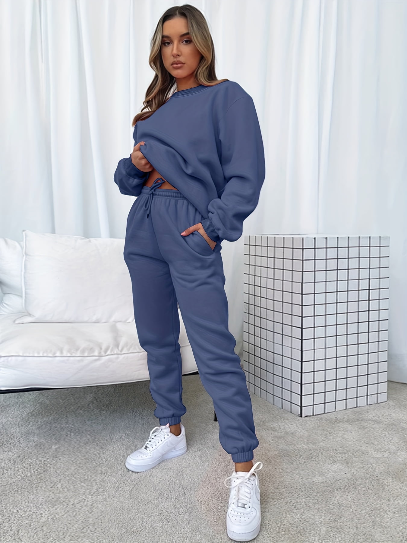 Women's 2 Piece Fleece Sweatsuit Outfit Long Sleeve Crewneck Pullover ...