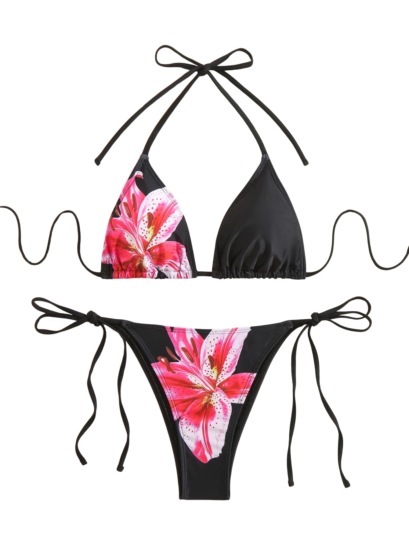 Women's 2 Piece Floral Print Halter Neck Tie Bikini Set Triangle String ...