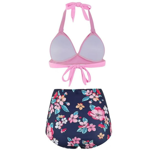 Women's 2 Piece Flower Print Swimsuit Backless Halter Top High Waist ...