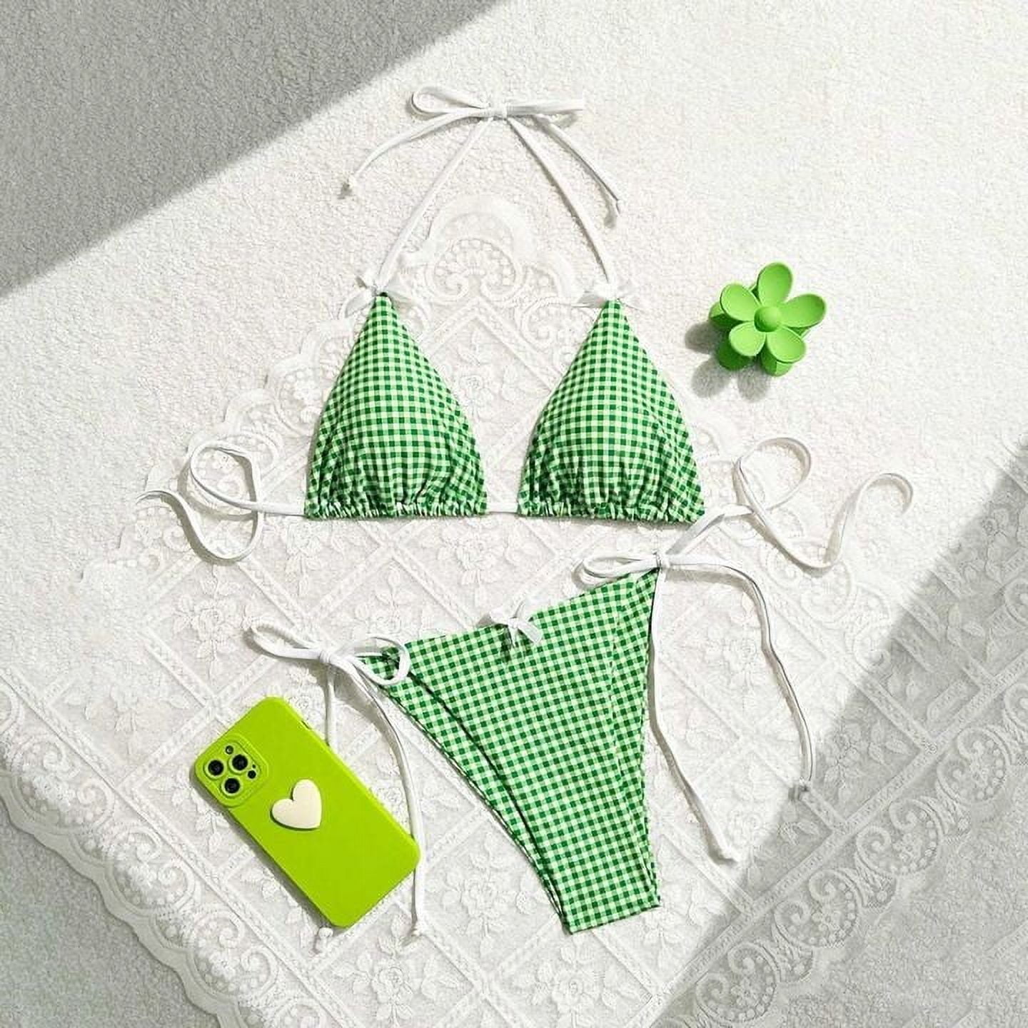 Women's 2 Piece Gingham Bikini Bikini Set Triangle Bow Front Beachwear High Waisted Bathing Suit ...
