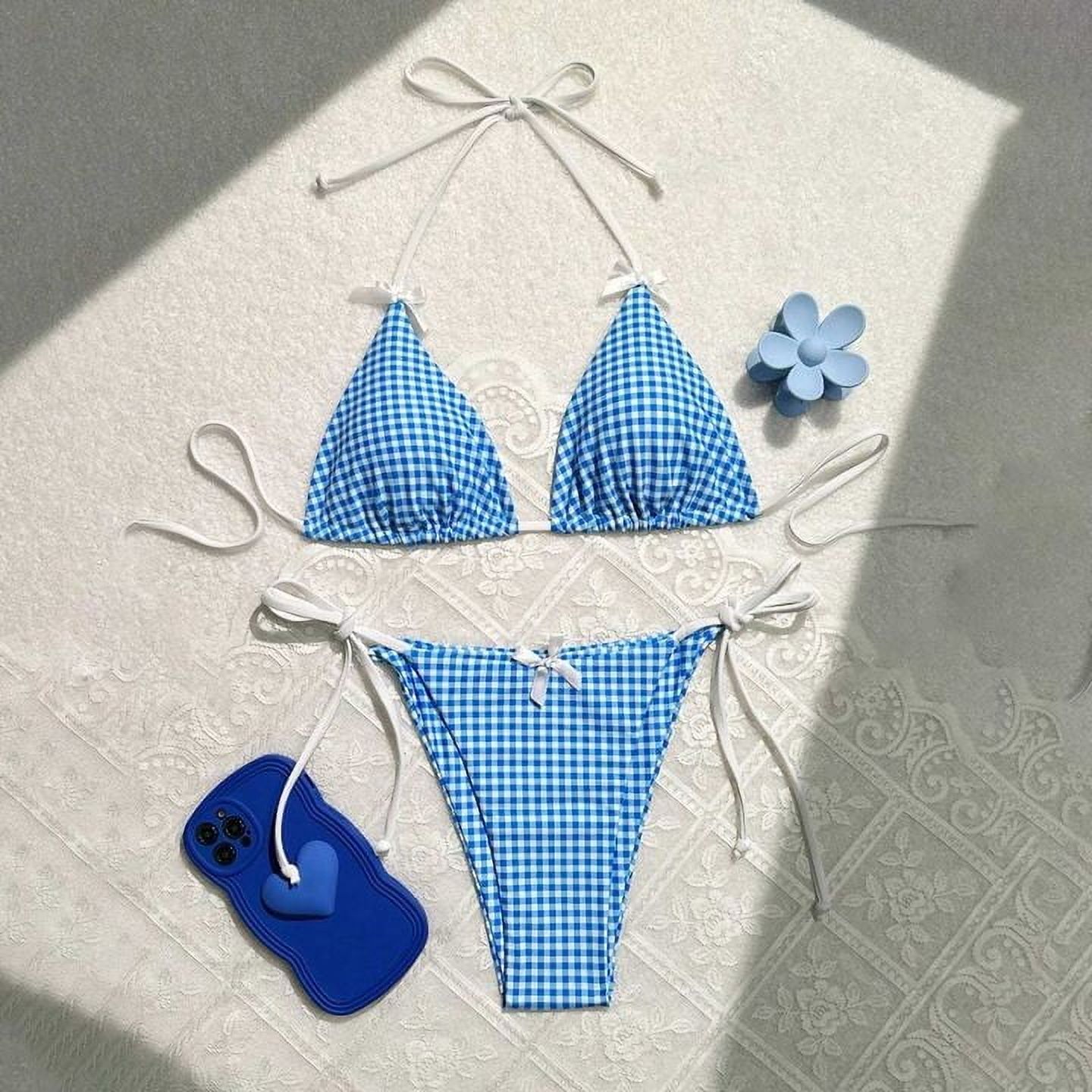 Women's 2 Piece Gingham Bikini Bikini Set Triangle Bow Front Beachwear High Waisted Bathing Suit ...